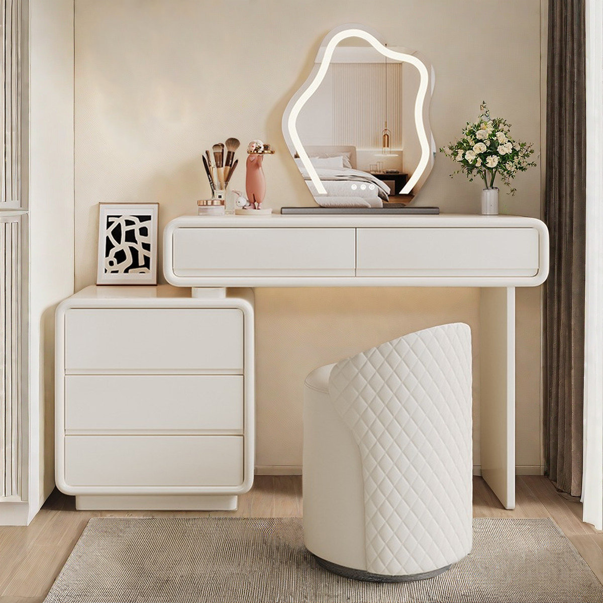 Wrought Studio™ Modern Cream Solid Wood Makeup Vanity Vanity | Wayfair