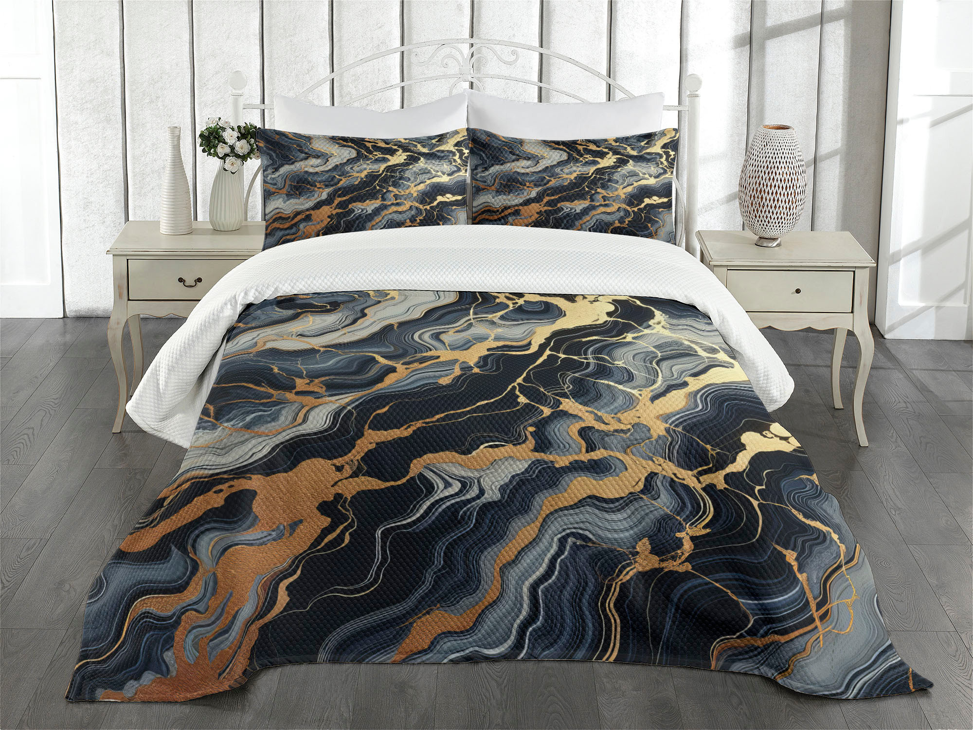 Ambesonne Navy Blue Bedspread Set Deep Sea Marble Print Slate Blue Grey ...