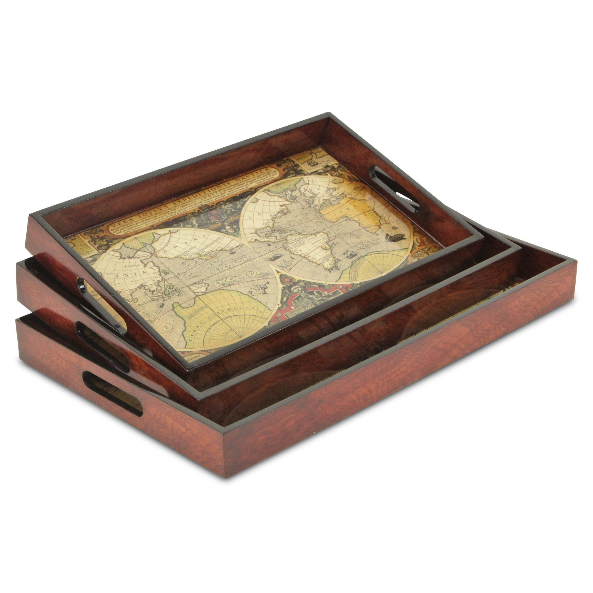 ZeaZu Set Of Three Vintage World Map And Wood Veneer Serving Trays ...