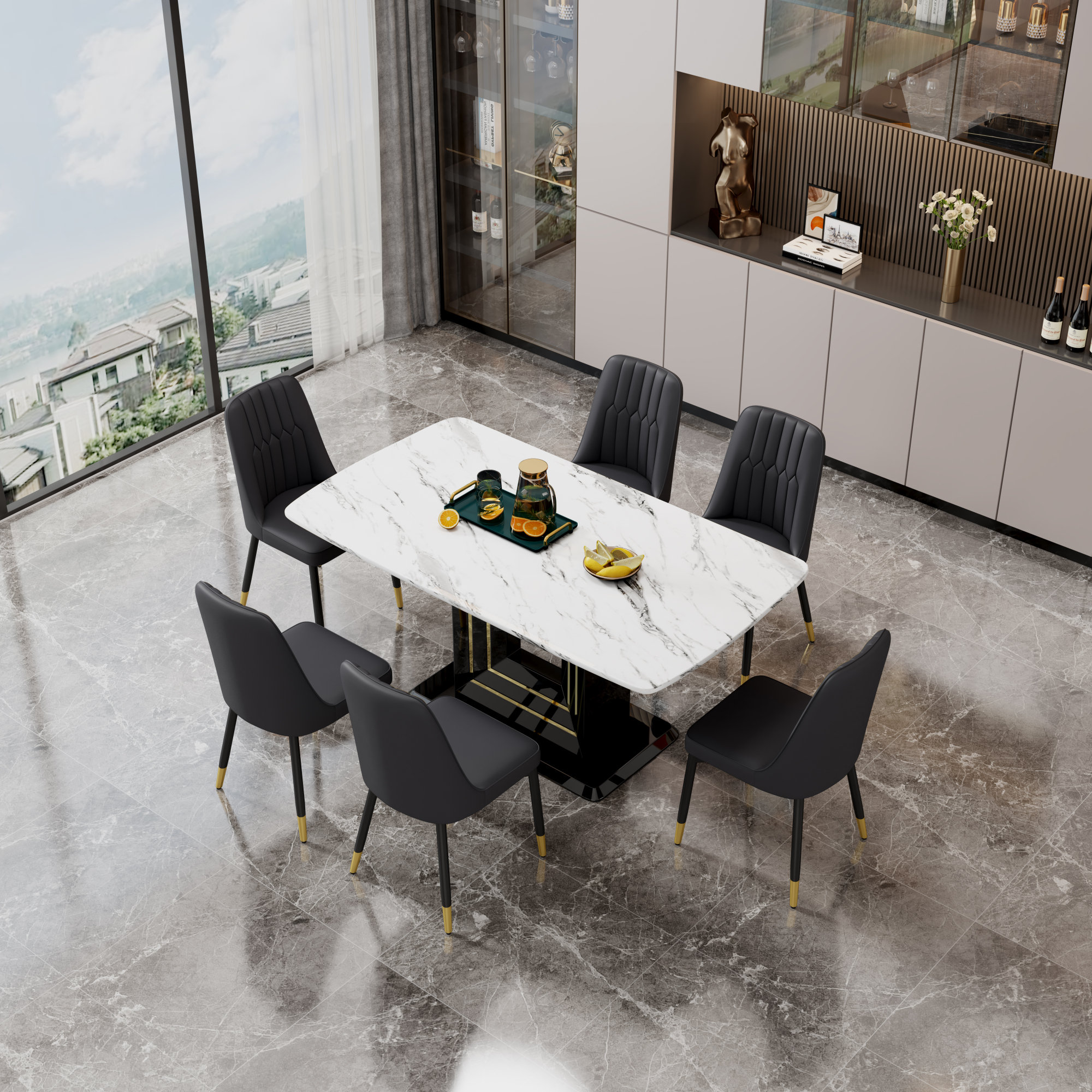 Mercer41 White Marble Table With 6 Black Pu Chairs: Black Mdf Legs With Gold Lines, Black Base ...