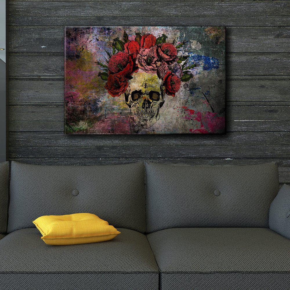 IDEA4WALL Moody Skull " Human Skull With Roses Flowers Over Colorful ...
