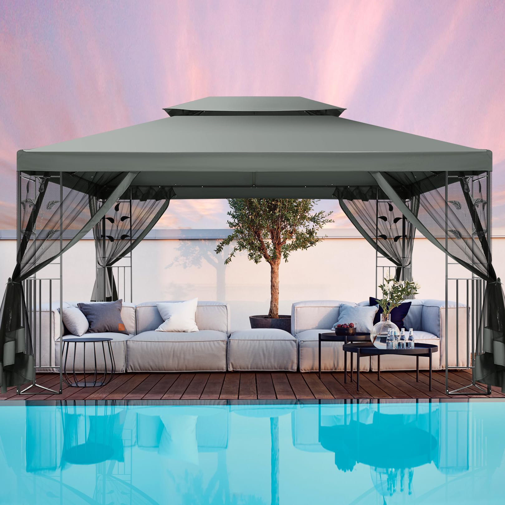 Cobizi 13 Ft. W x 10 Ft. D Metal Outdoor Gazebo with Mosquito Nettings ...