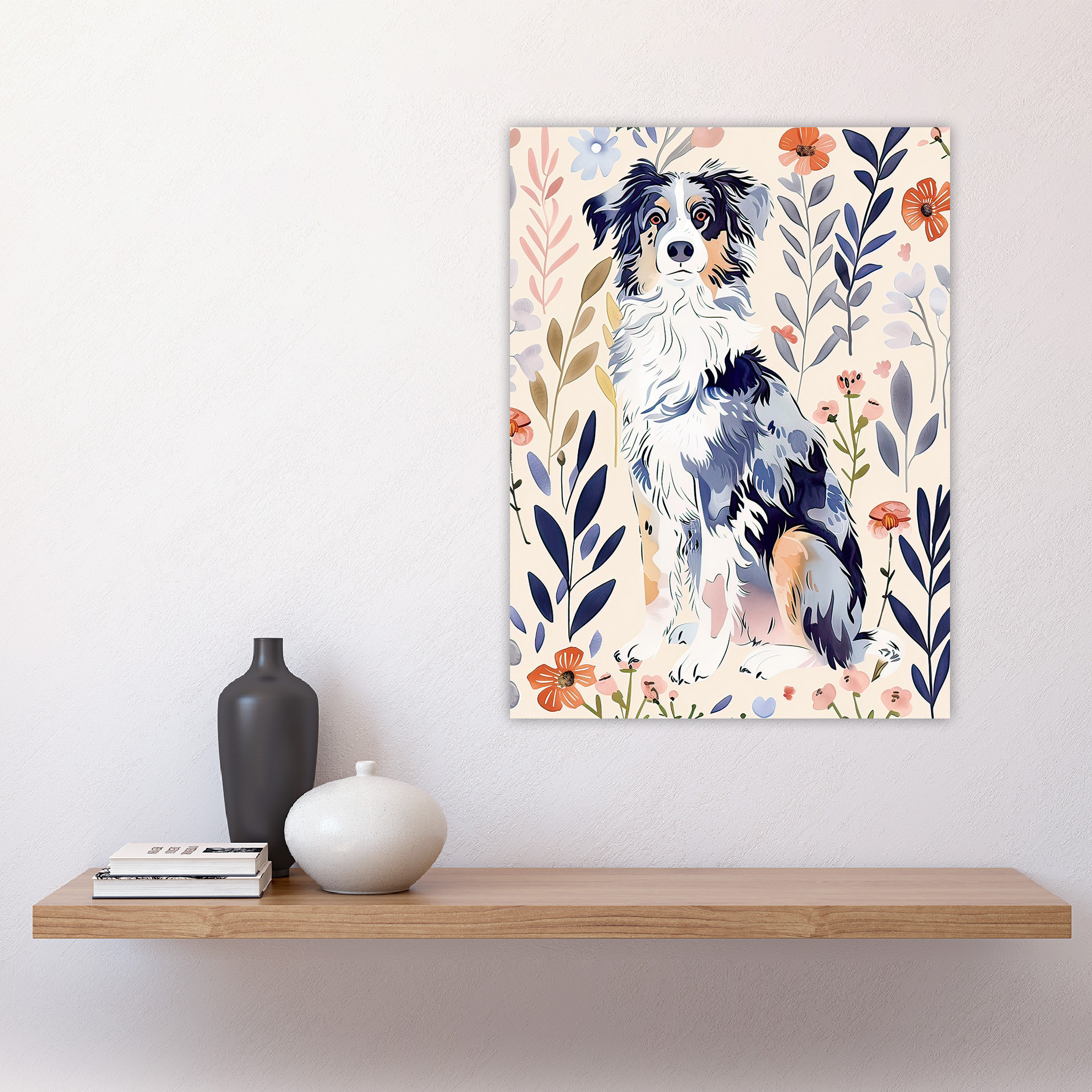 Wee Blue Coo Dog Lover Australian Sheepdog Floral Portrait Wall Art ...