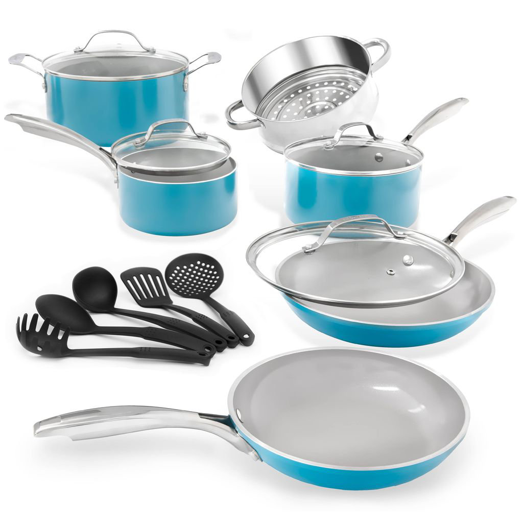 Gotham Steel Aqua Blue 15 Piece Nonstick Cookware Set With Utensils ...