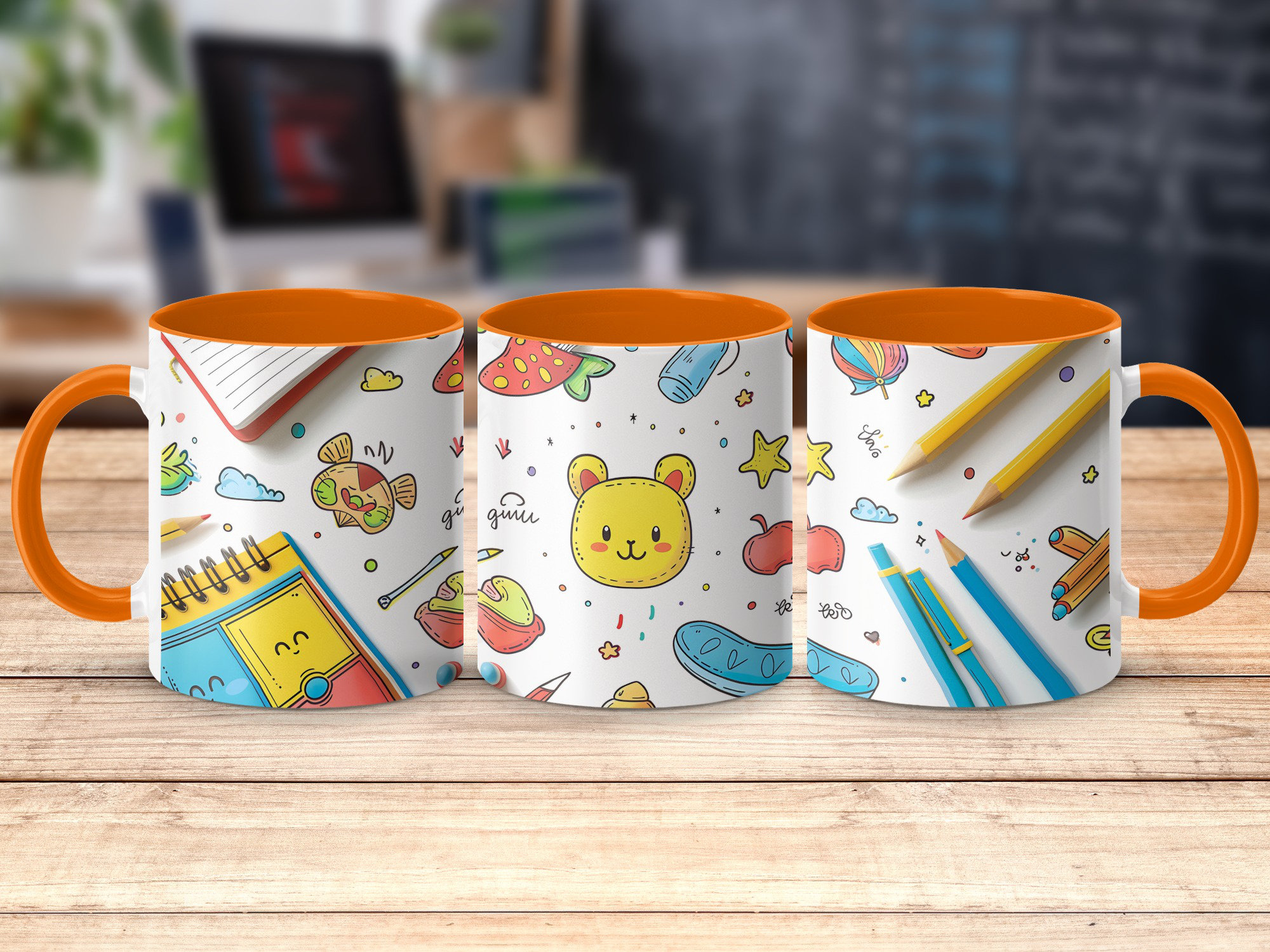 East Urban Home Set of 3 Kids Drawing Style 11oz Accent Mugs – White ...
