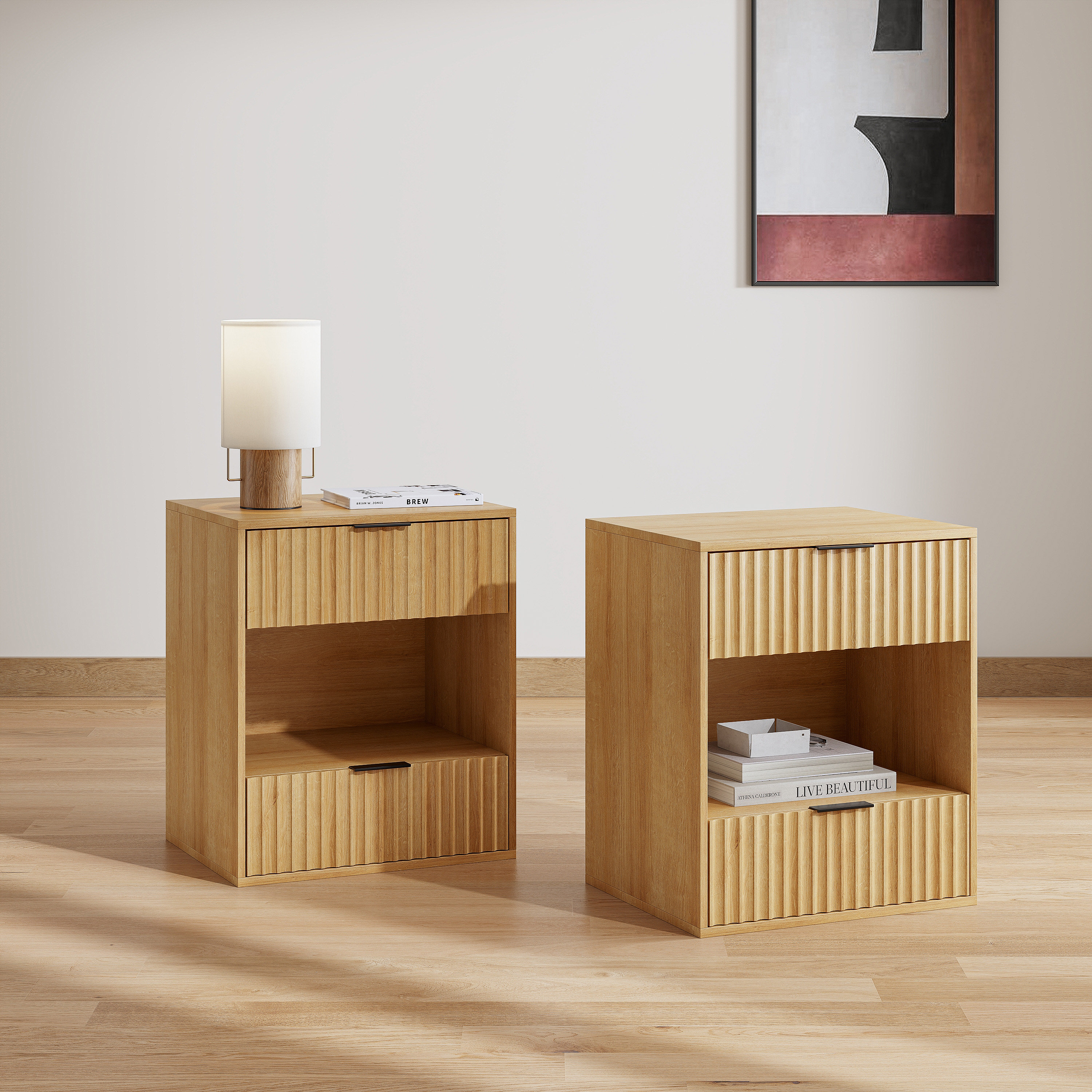 Ebern Designs Fluted Nightstands With 2 Drawers And Open Shelves | Wayfair