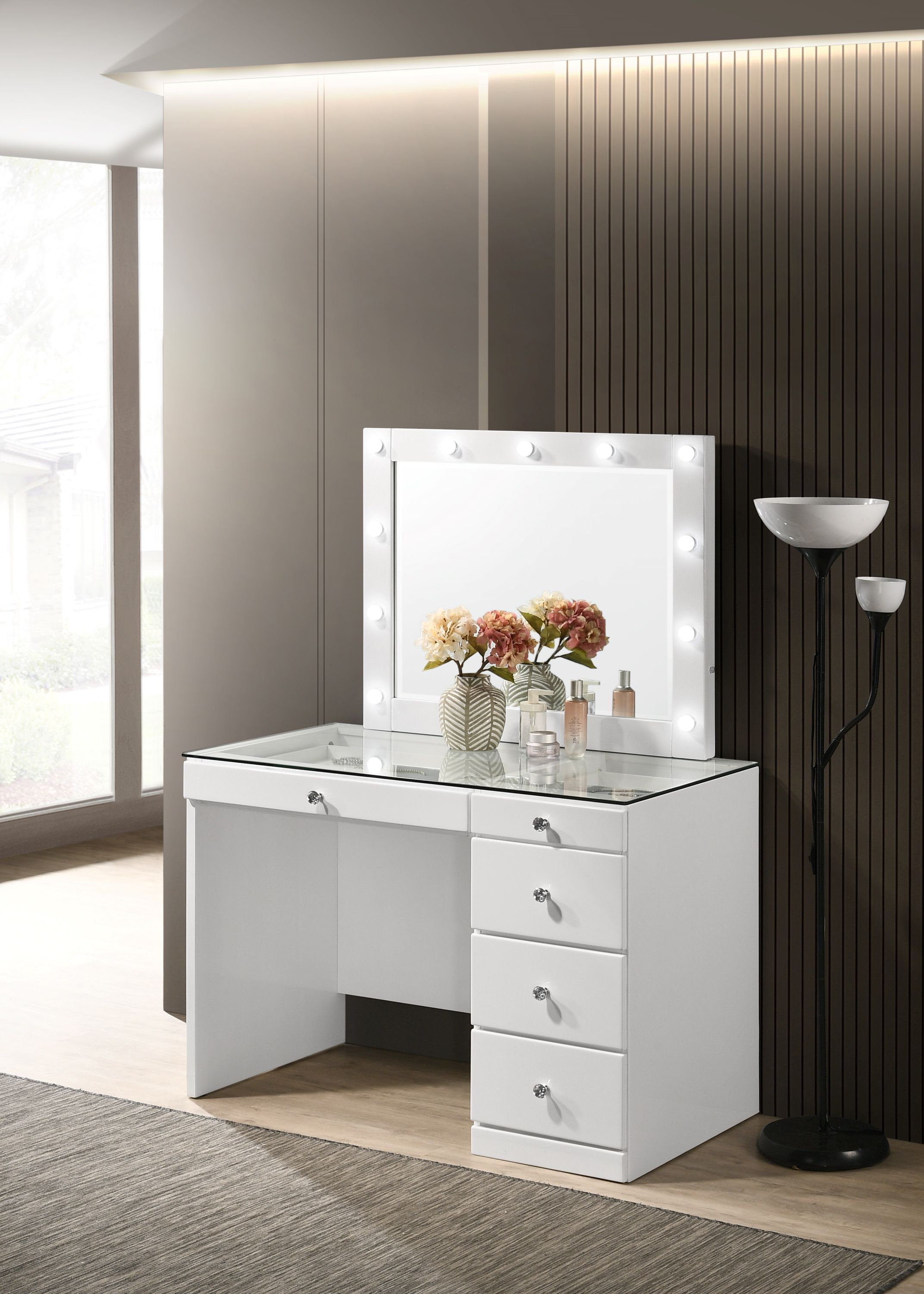Hokku Designs 1pc Glam Makeup Vanity Table Glass Top 5 Drawers Crystal ...