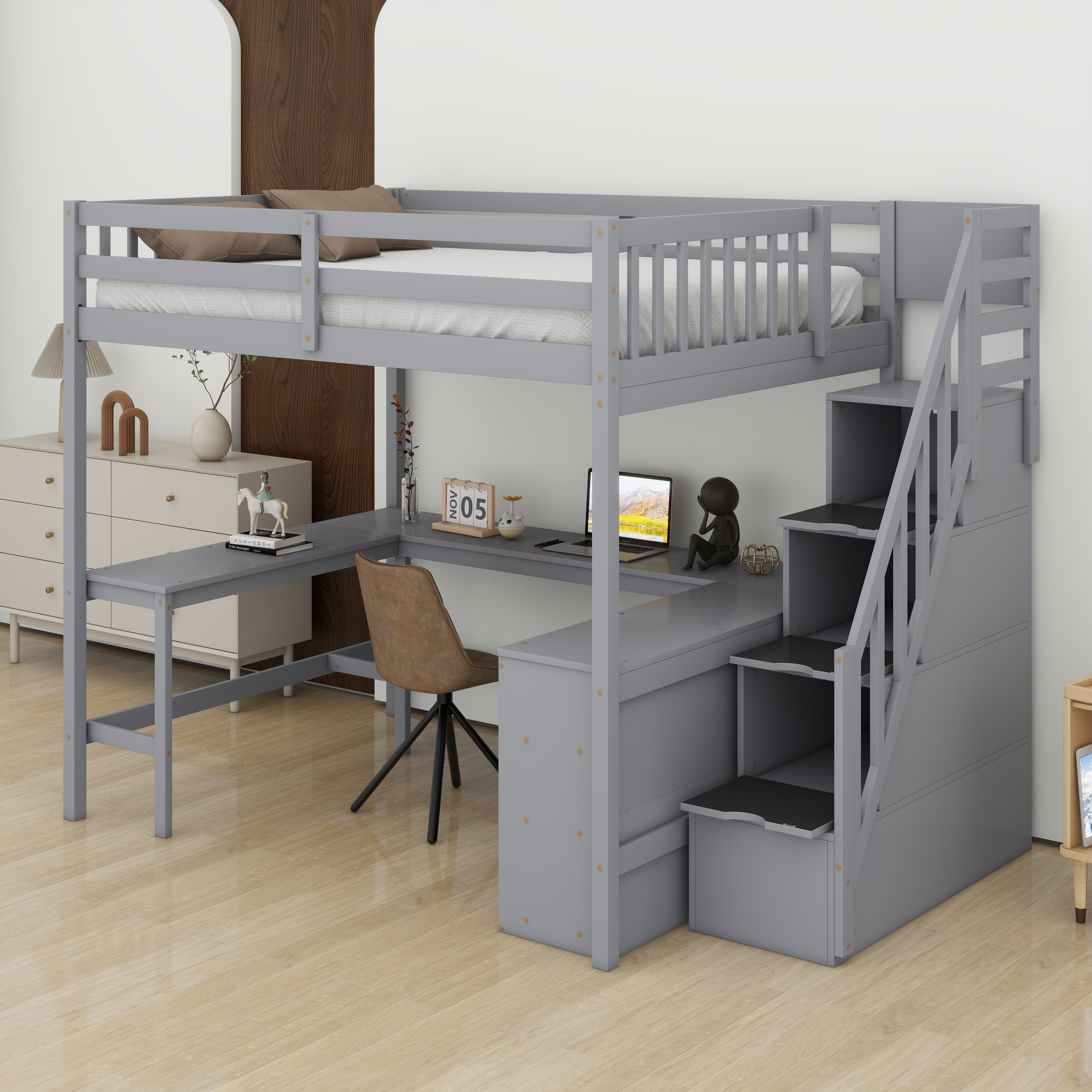 Latitude Run® Full Size Loft Bed With Built-In L-Shaped Desk, Wooden ...