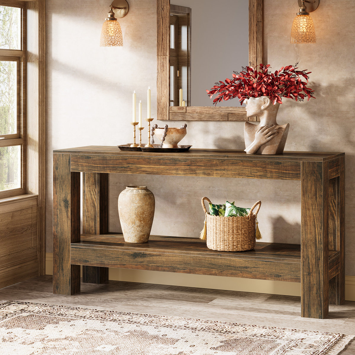 Millwood Pines 62.99" Long Wood Console Table, Farmhouse 2-Tier ...