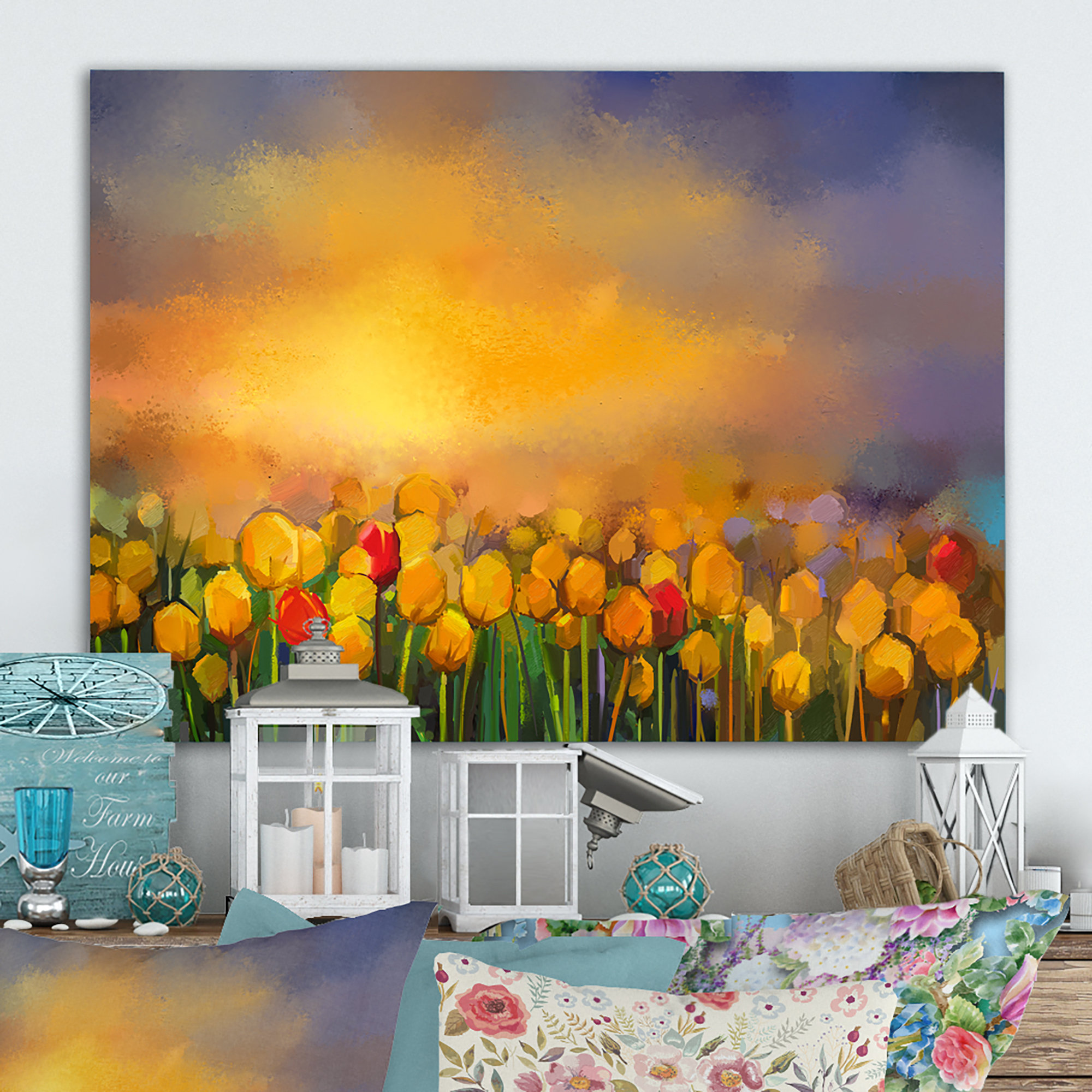 Winston Porter Yellow Tulips Field On Mystic Sunrise - Floater Frame ...
