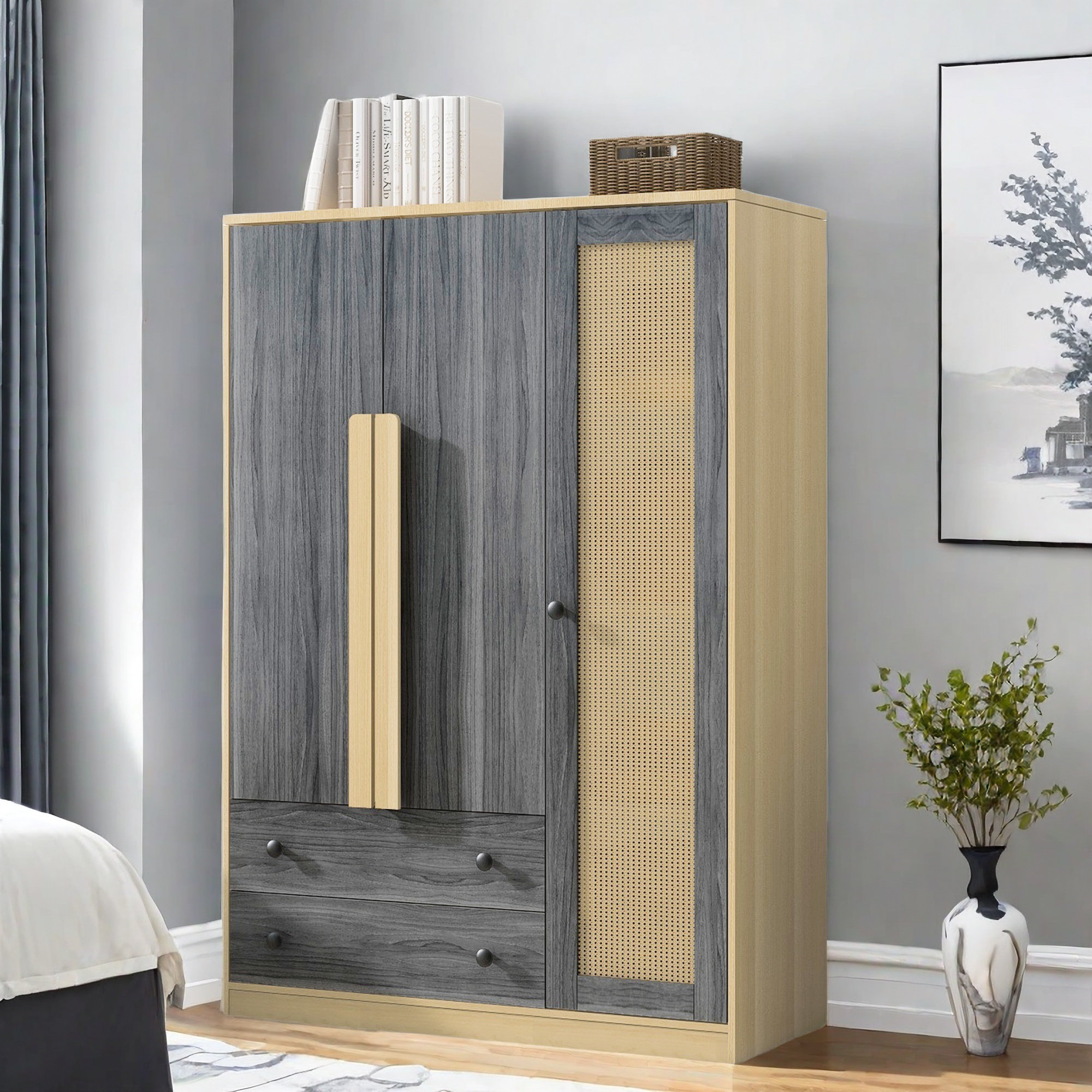 Bay Isle Home™ 3-door Wooden Rattan Wardrobe With 2 Drawers, A Hanging ...