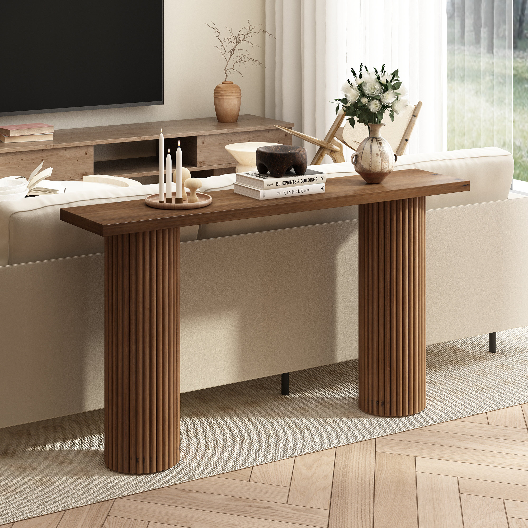 Ophelia & Co. 55'' Fluted Solid Wood Console Table with Rectangular Tabletop | Wayfair