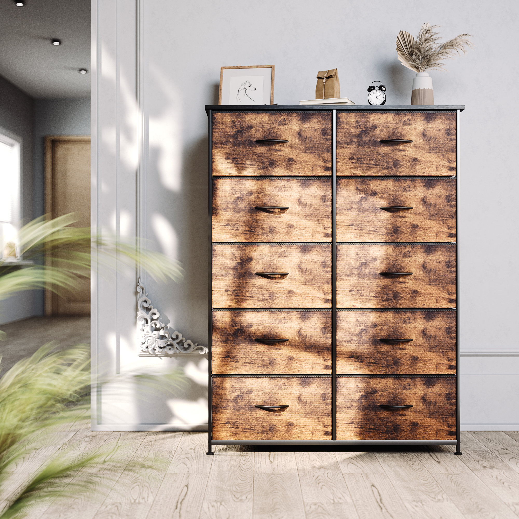 The Twillery Co. Harpersville 10-drawer Fabric Dresser with Wood Grain ...