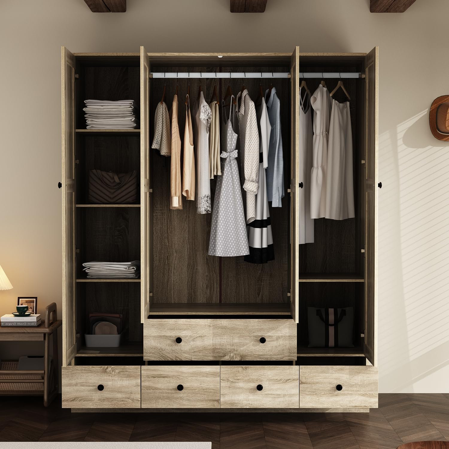 Bayou Breeze Rattan Armoire Wardrobe Closet with 7 Shelves, 5 Drawers ...