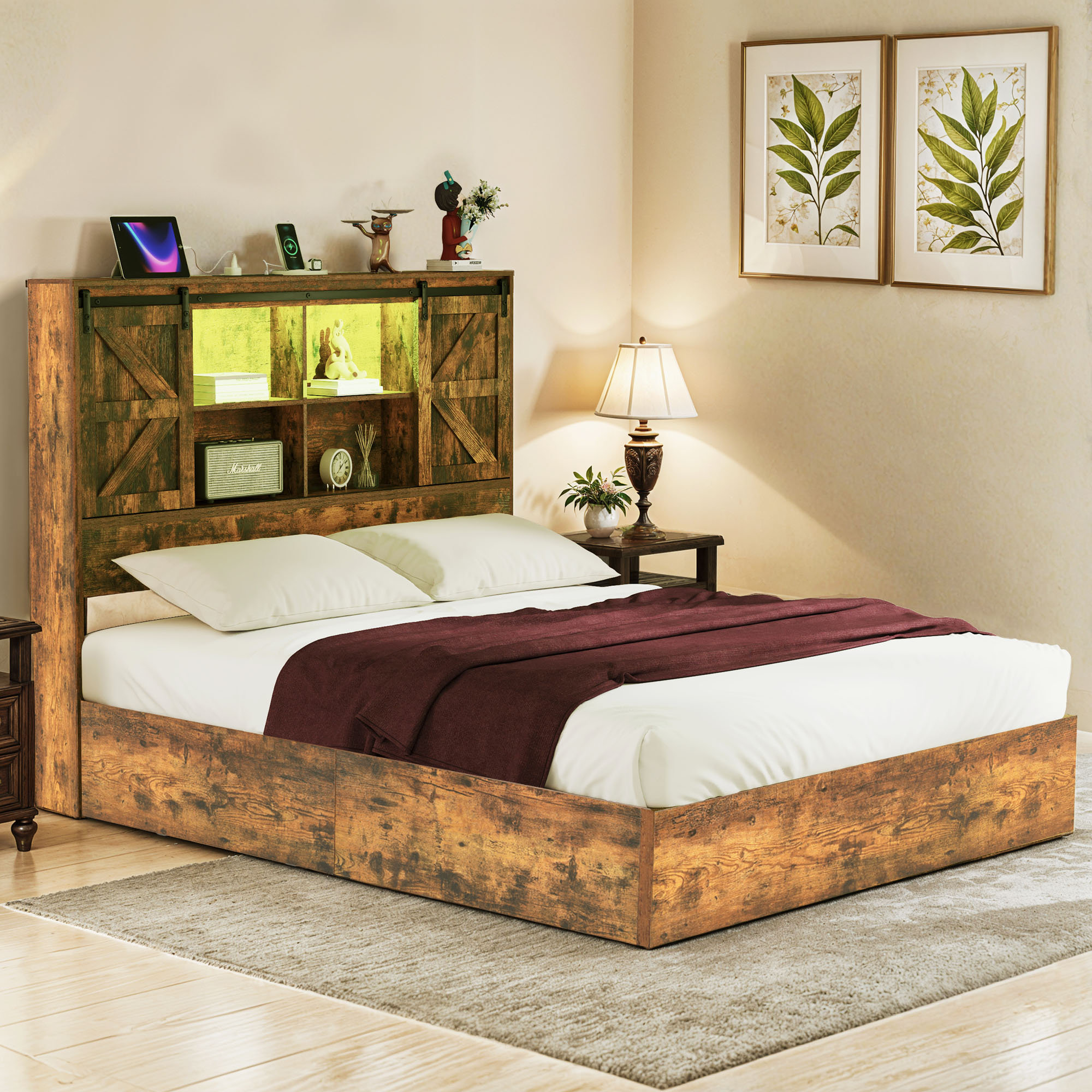 Millwood Pines Farmhouse Bed Frame With Bookcase Headboard, Power Outlets & LED Lights | Wayfair