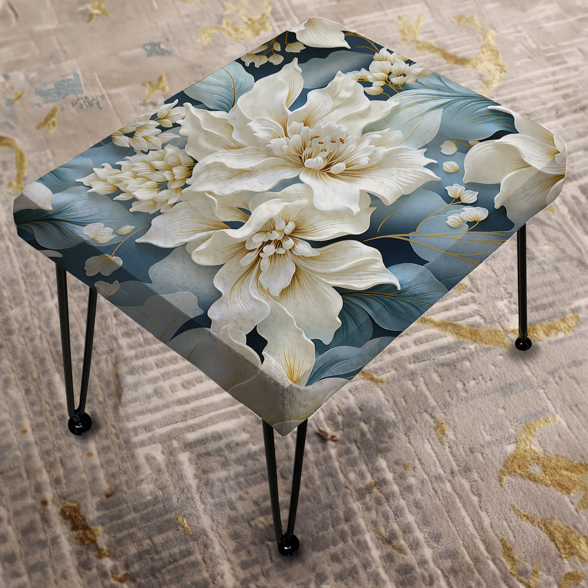 Design Art Misty White And Blue Floral Damask I - Damask Rectangle ...