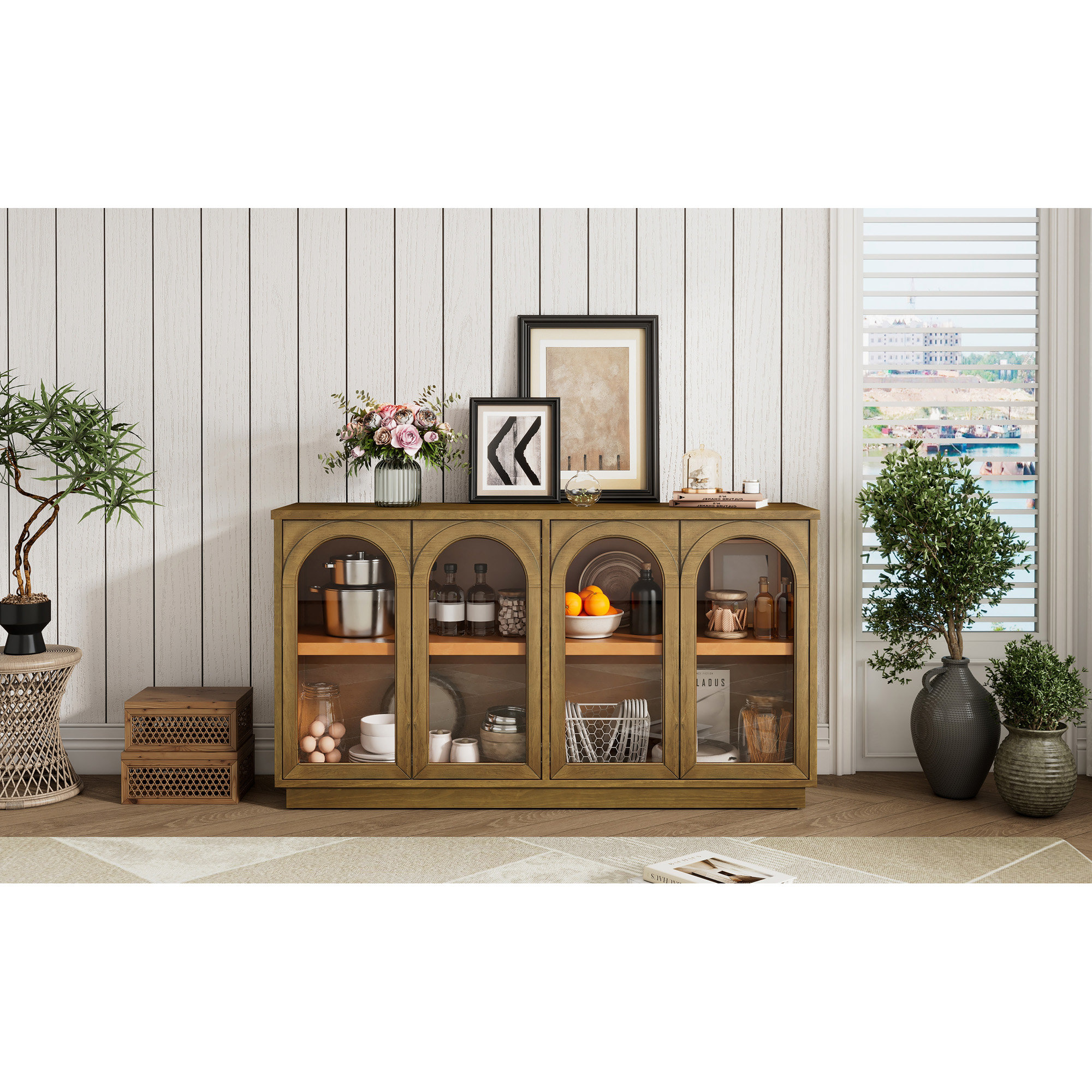 Ebern Designs 4-Door Large Storage Buffet Cabinet With Glass Doors, Arched Cabinet With ...