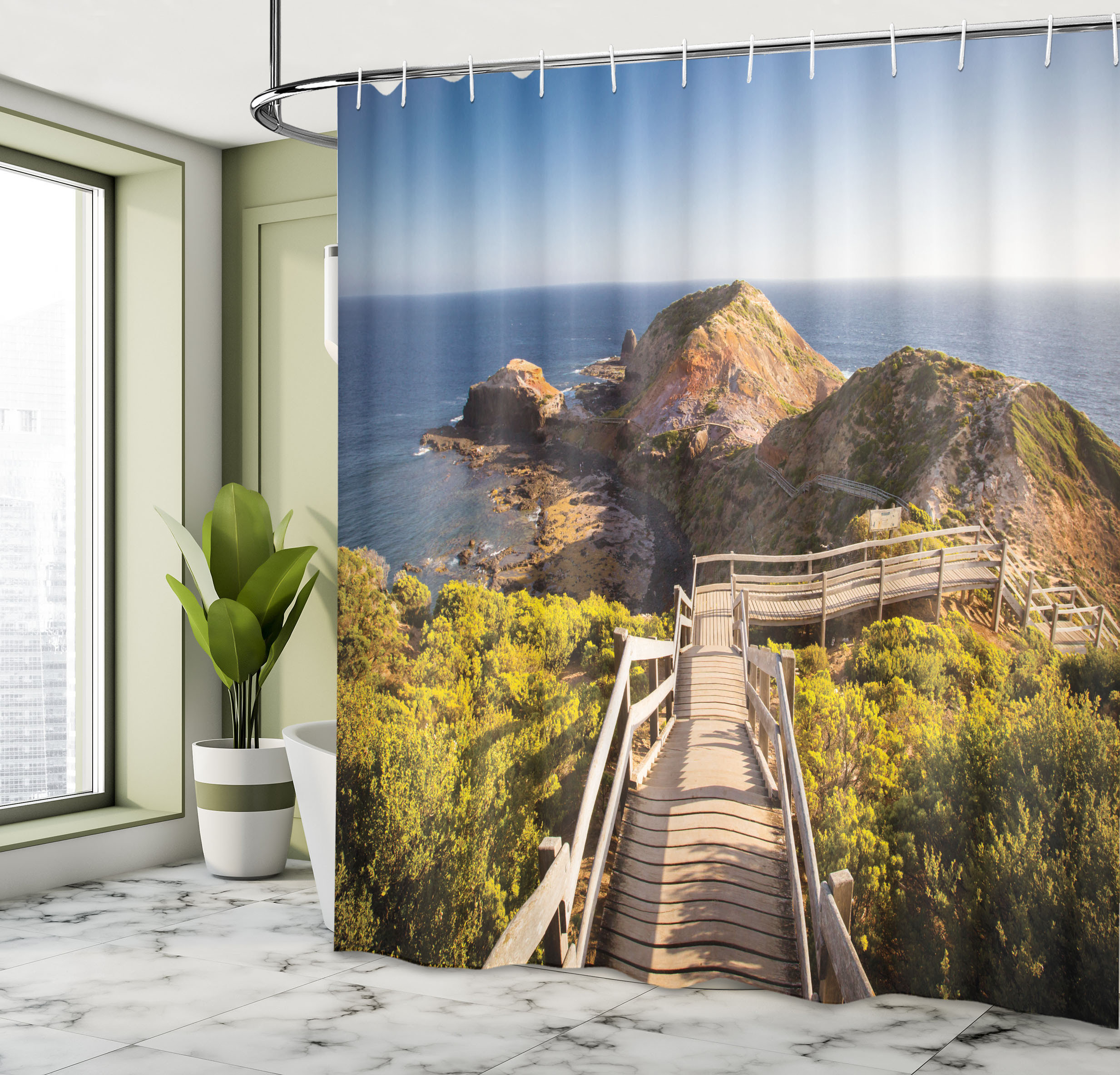 East Urban Home Australia Shower Curtain Rocks Bridge and the Sea Tan ...