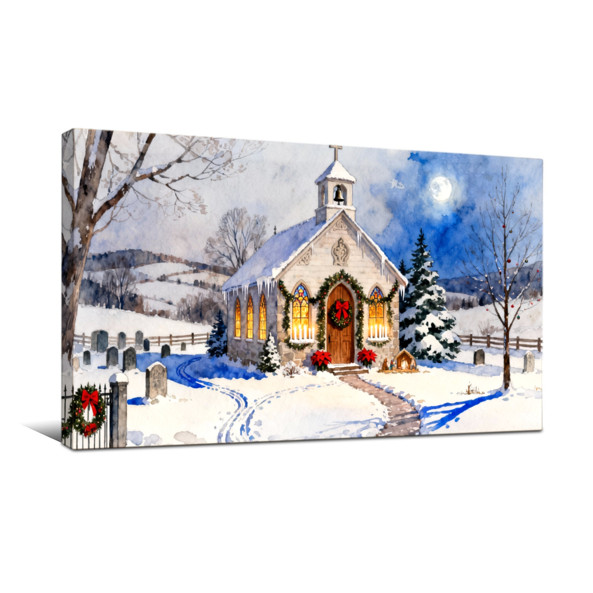 Canora Grey Christmas Winter Church Scene With Snow And Wreaths | Wayfair