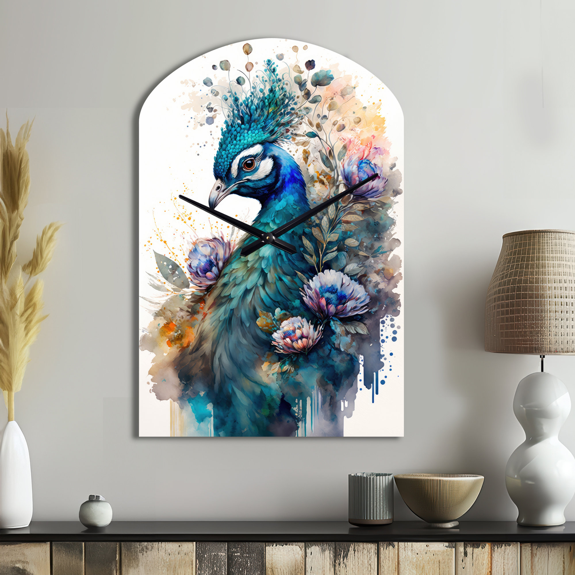 Design Art Cute Peacock Floral Art II - Peacock Asymmetrical Metal Wall ...