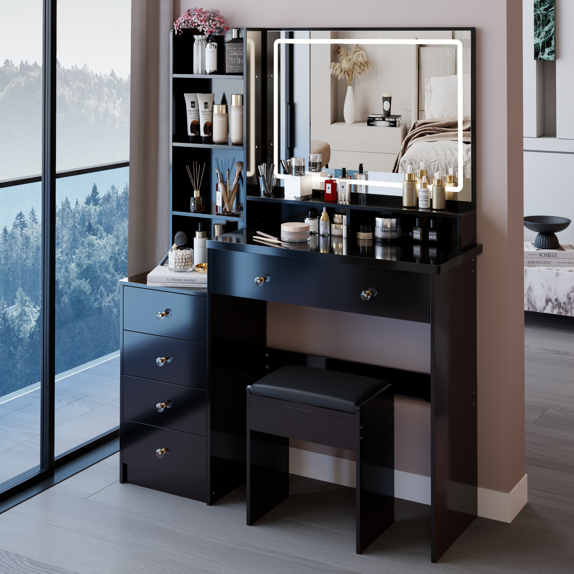 Ivy Bronx Modern Black Mdf Dressing Table With Touch-control Led Mirror ...