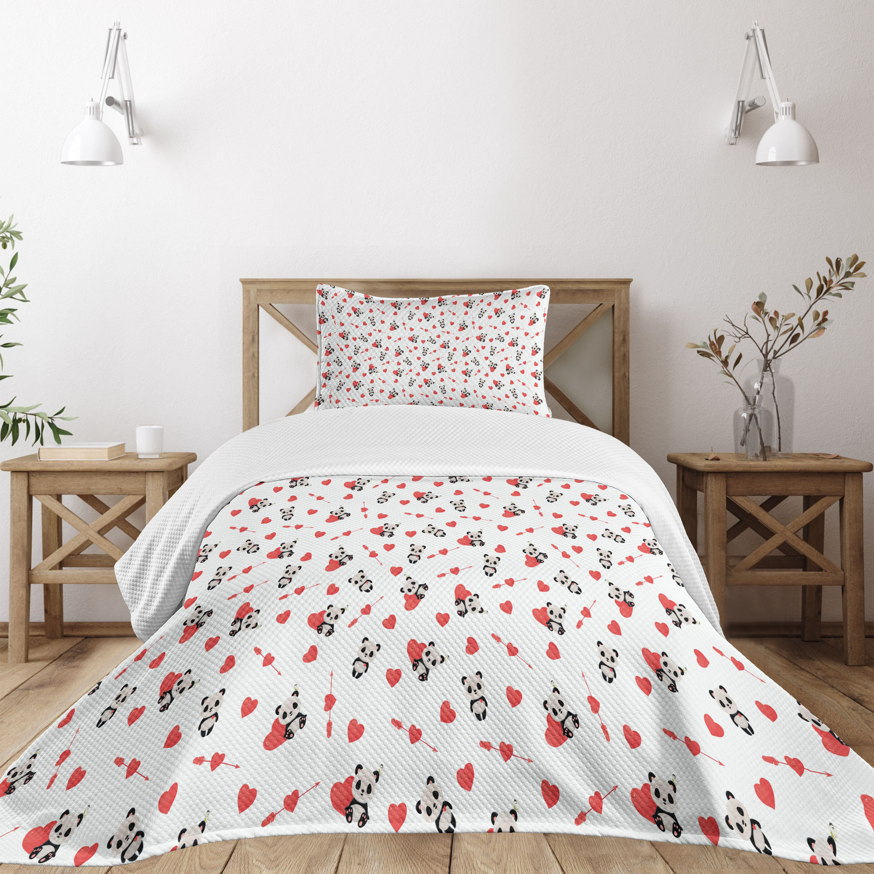 Ambesonne Love Bedspread Set Panda with Hearts Vermilion Beige Black ...