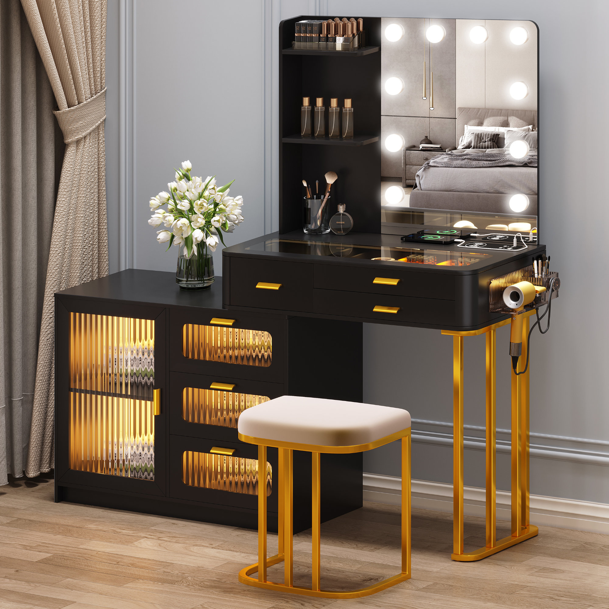 Ivy Bronx Kaspian Makeup Vanity with LED Light and Storage Cabinet ...