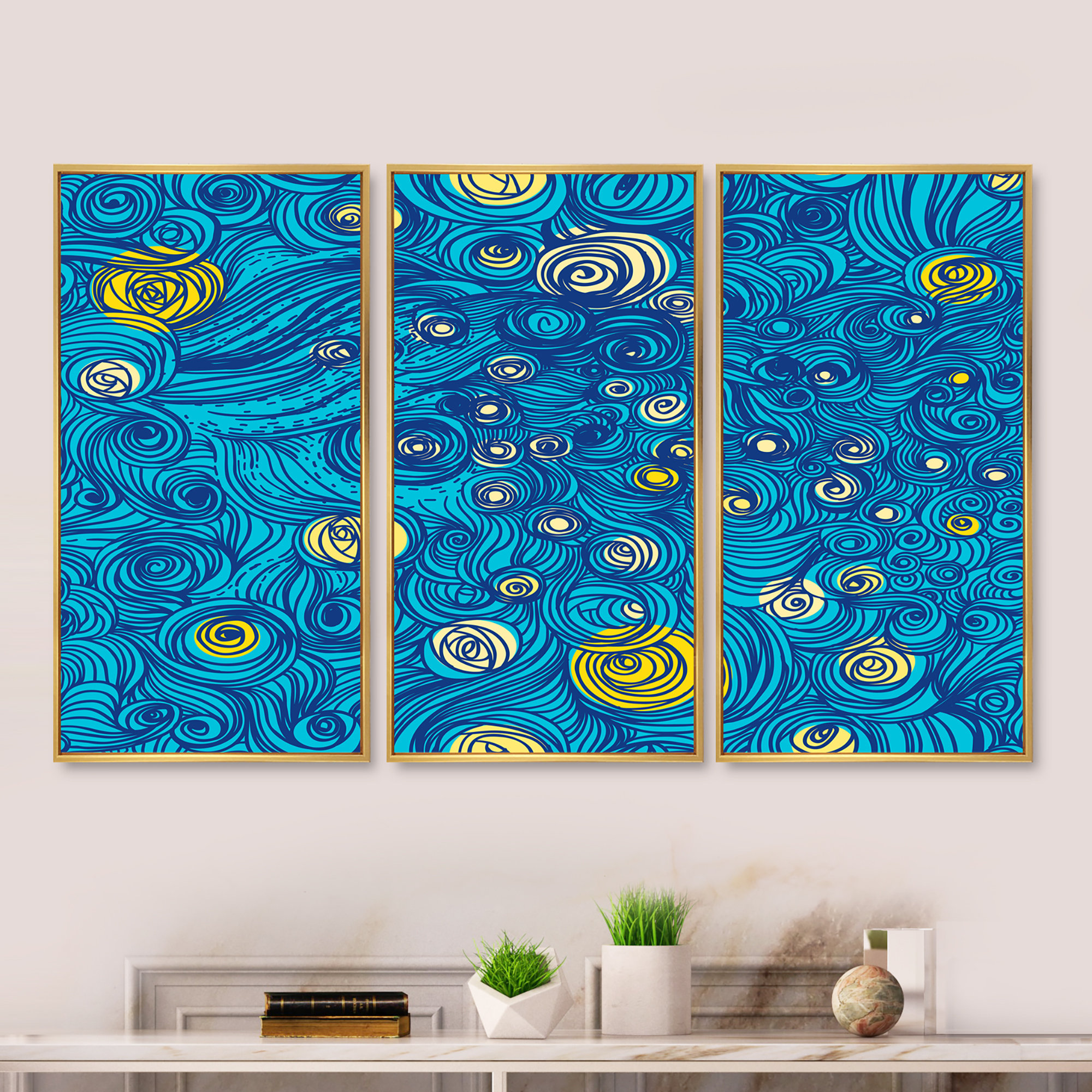 Orren Ellis Starry Night Yellow And Blue - Modern Framed Canvas Wall ...