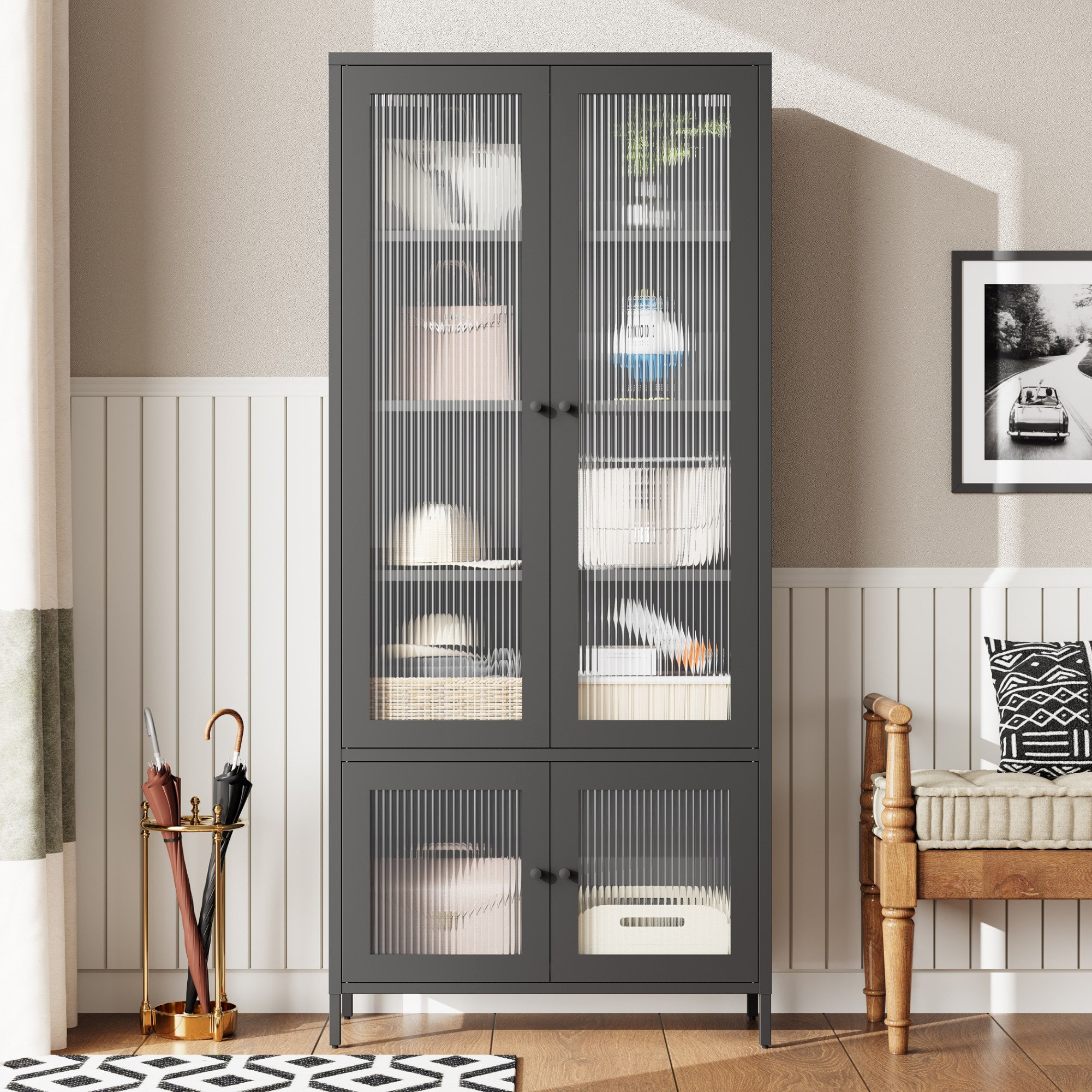 Latitude Run® Metal Bookcase, Storage Cabinet With Fluted Glass Doors ...
