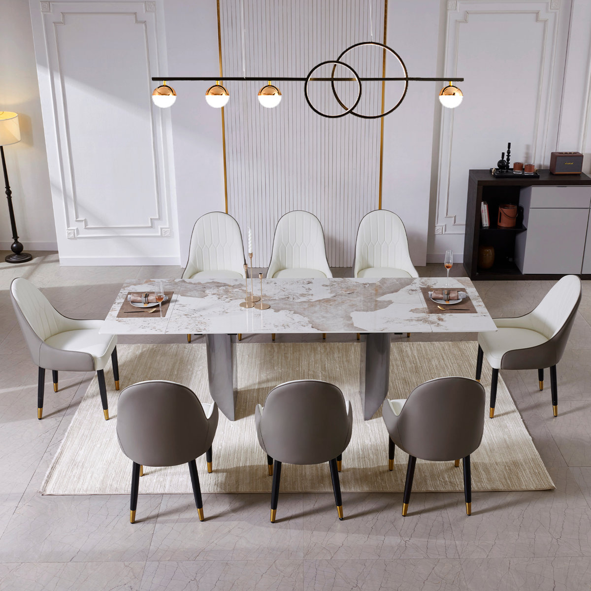Orren Ellis Keeli Extendable Sintered Stone Dining Table with 8 Leather ...
