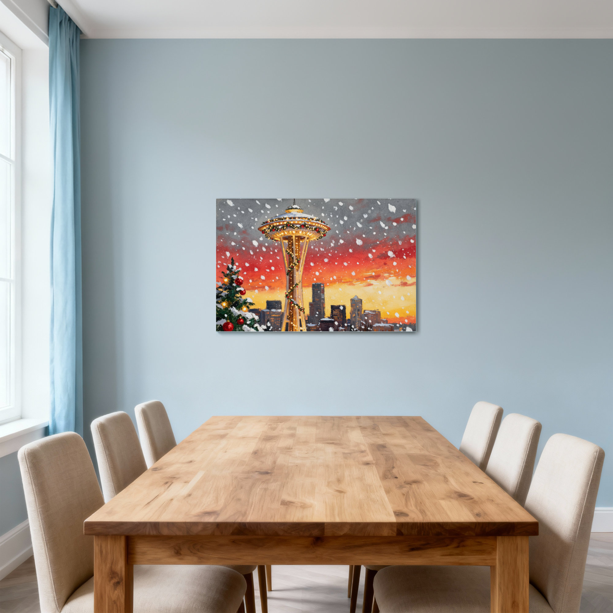Canora Grey Christmas Space Needle Christmas Snowy Cityscape Sunset ...