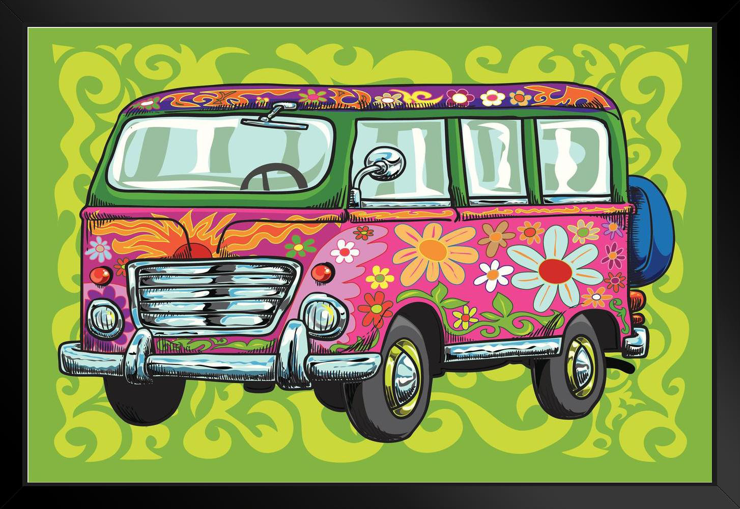 Trinx Flower Power Van Art Print Black Wood Framed Poster 20X14 | Wayfair