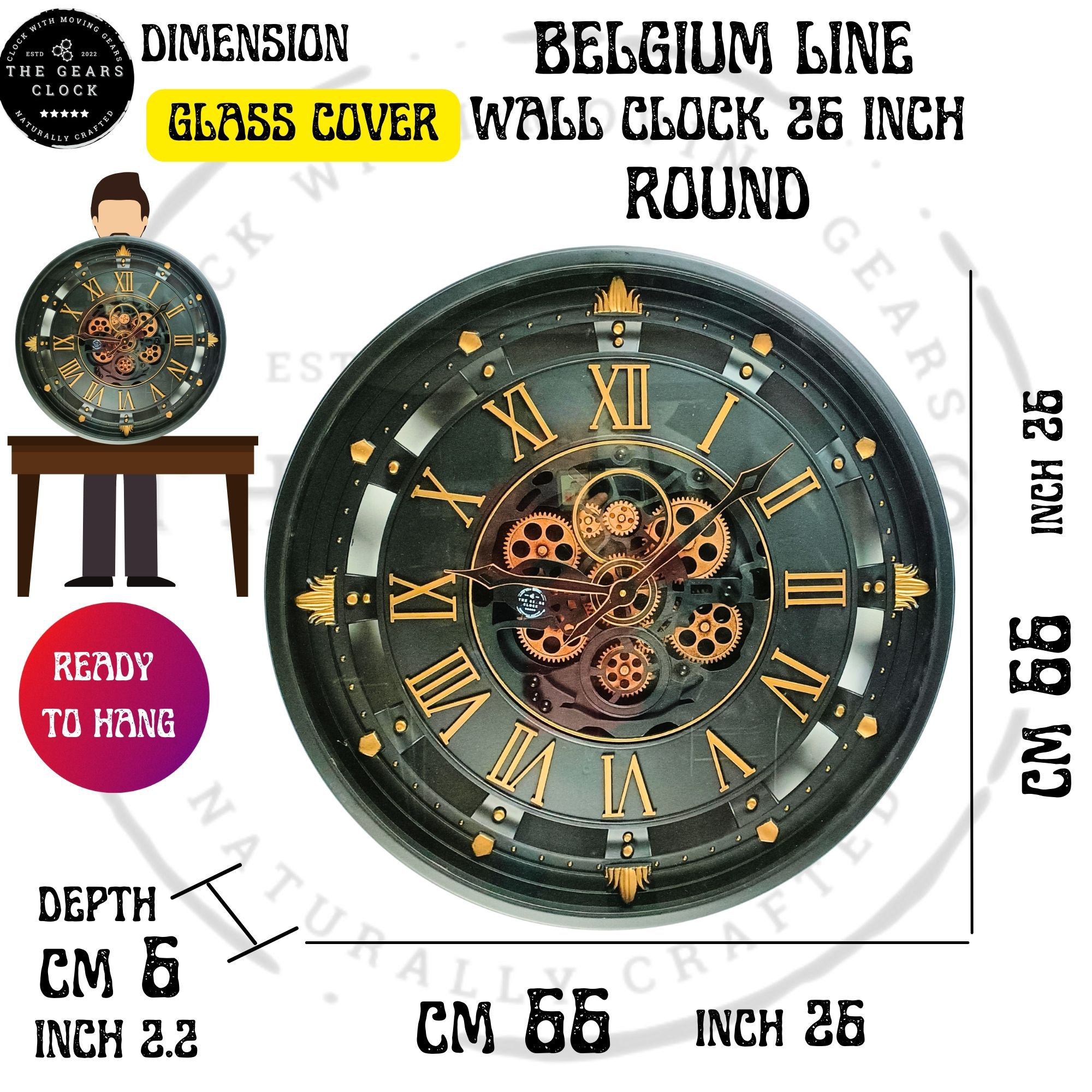 The Gears Clock Wall Clock 26" Round Oversized for Living Room decor ...
