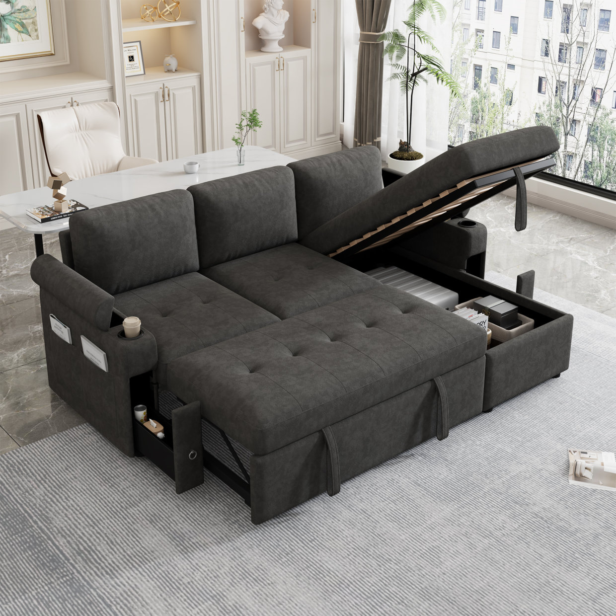 Latitude Run® 83.5" L-Shaped Sofa Couch Convertible Sofa Bed Sectional ...