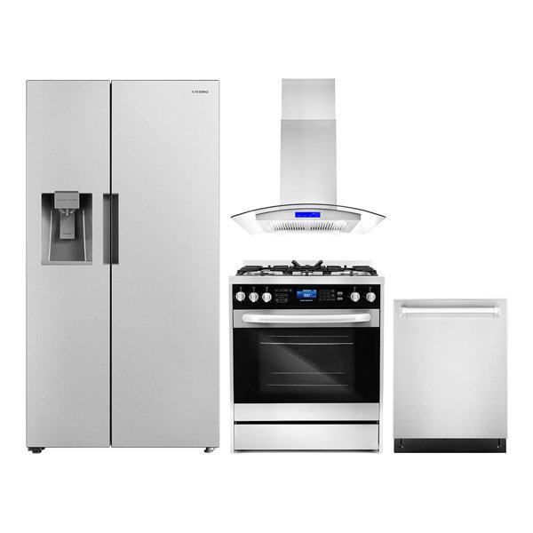 Cosmo 4 Piece Kitchen Set Package with 30" Range 30" Island Range Hood ...