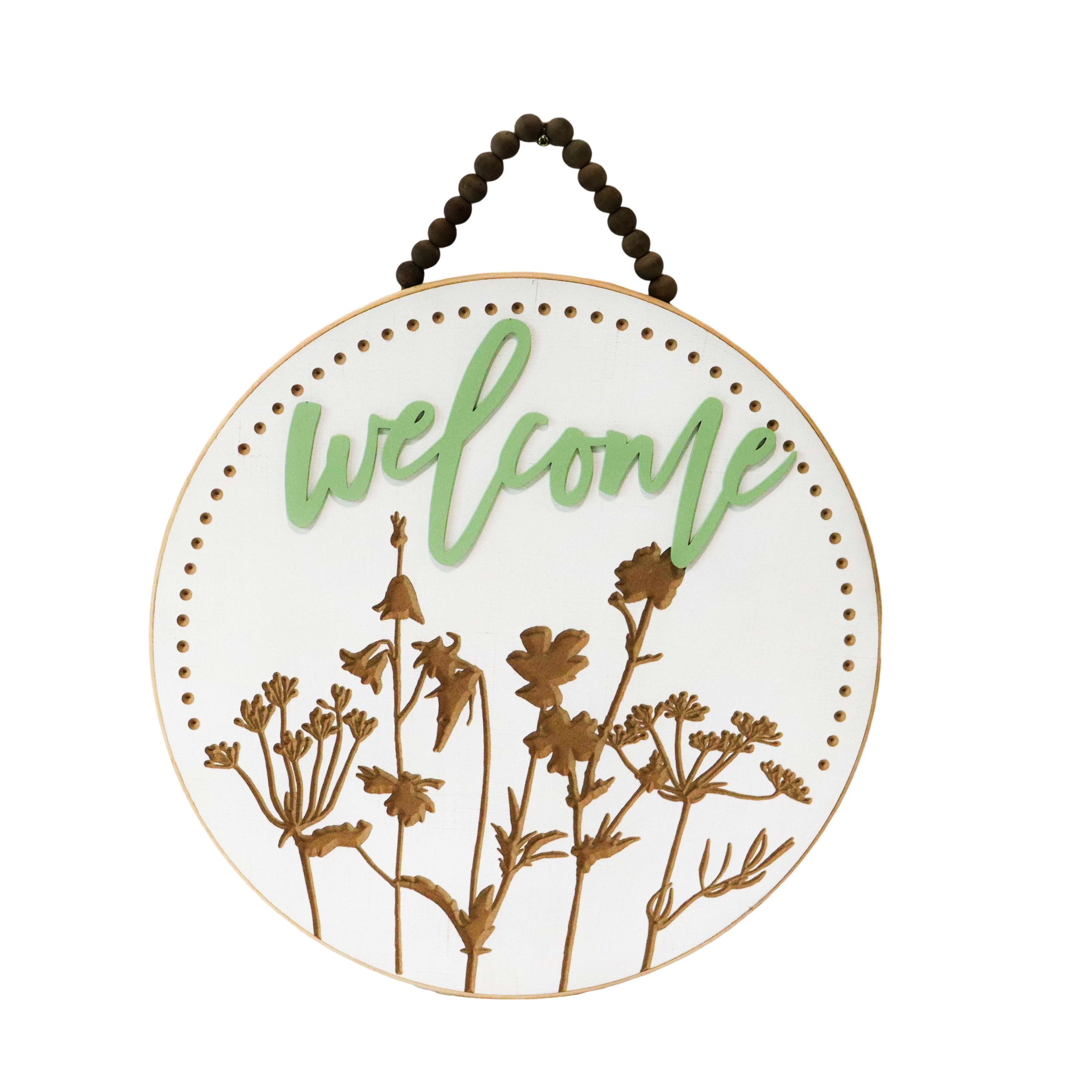 August Grove® VIP Wood 16 in. Green Welcome Floral Round Sign | Wayfair