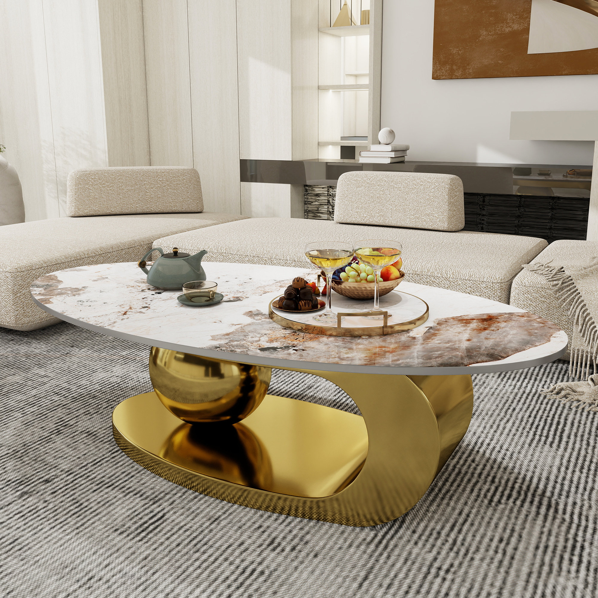 Orren Ellis Marble Texture Coffee Table For Living Room,51" Modern Oval ...
