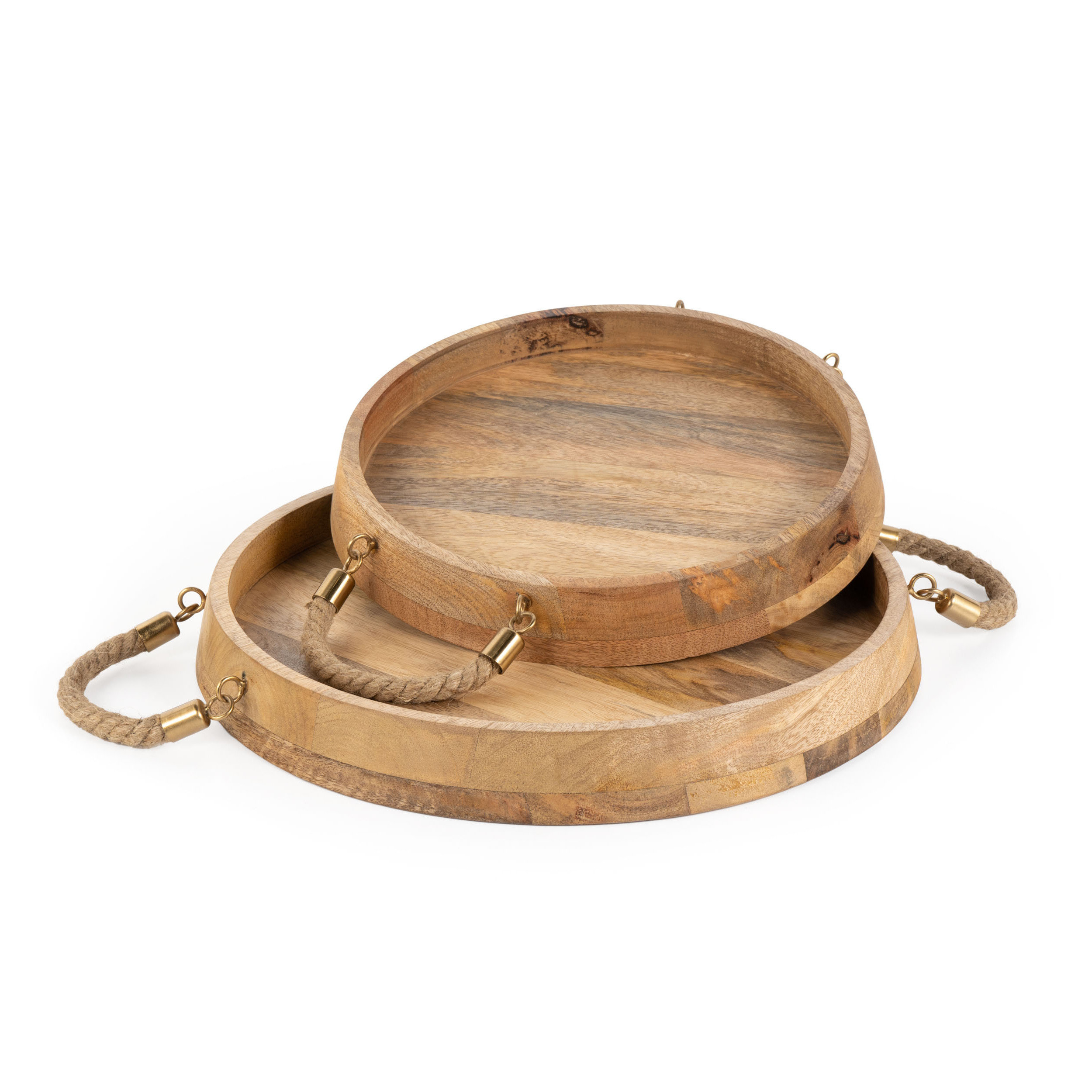 Mercer41 Tim Set of Two Brown Round Solid Wood Serving Trays With ...