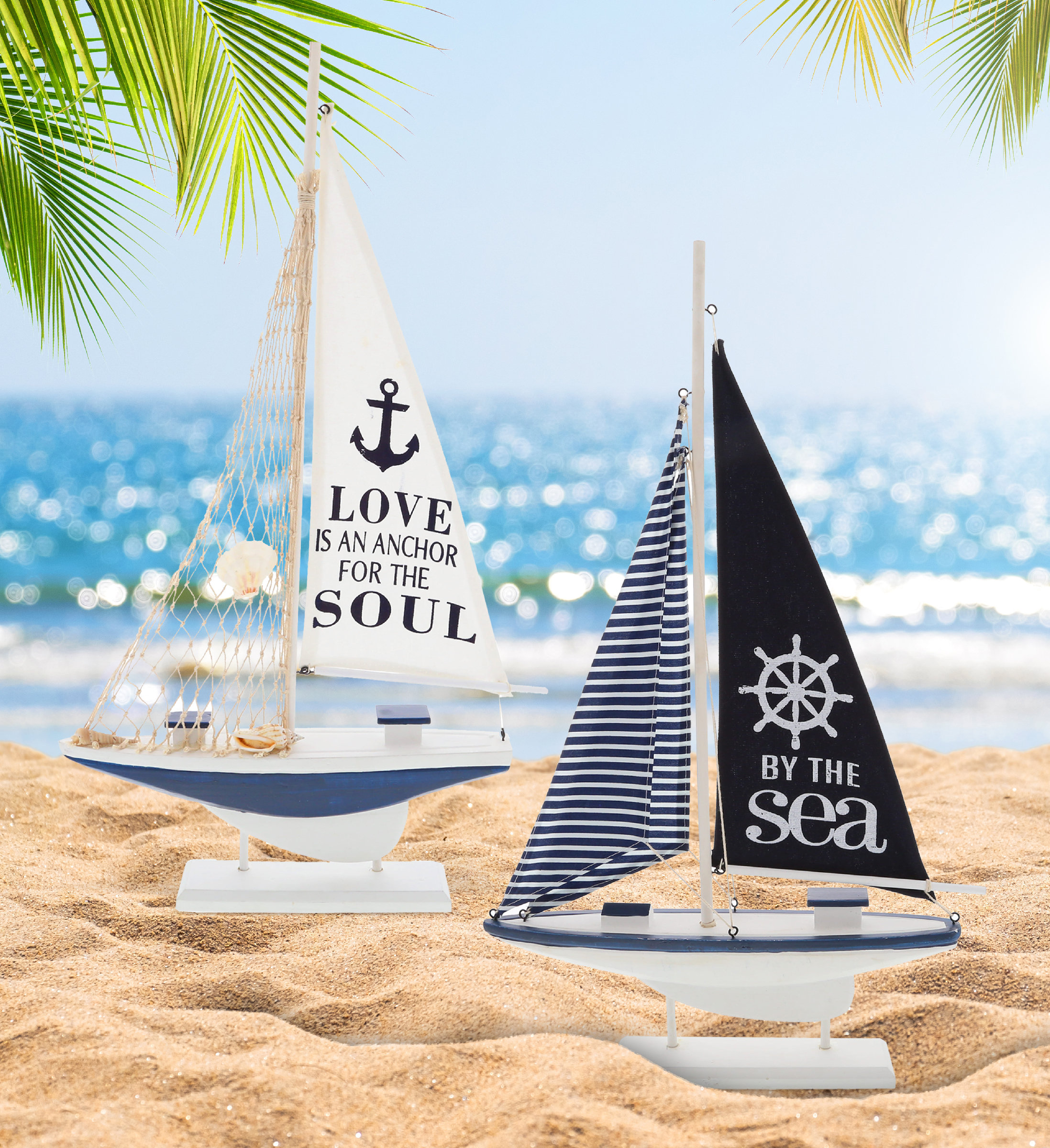 Longshore Tides Ocean Blue Sailboat Decor Set Of 2 – Handmade Wooden ...