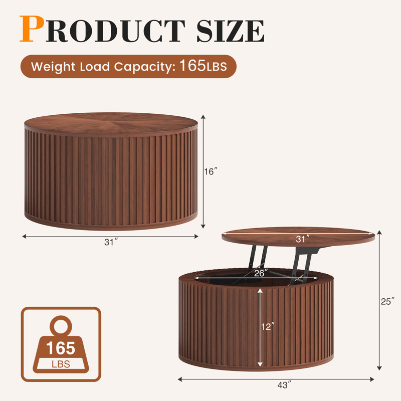 Hokku Designs 31.5" Round Solid Wood Lift Coffee Table With Storage ...