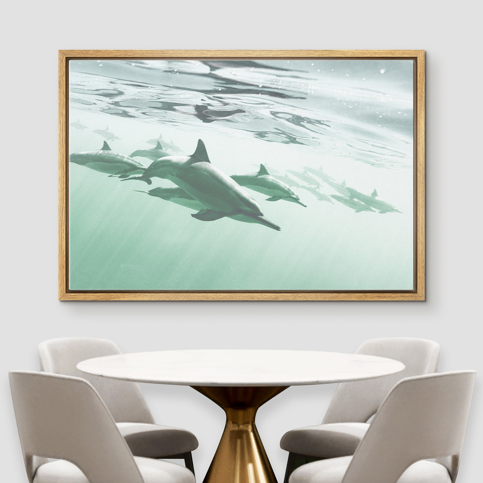 IDEA4WALL Framed Canvas Print Wall Art Faded Vintage Dolphin Pod Under ...