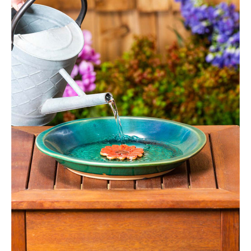 Orren Ellis Markisha Ceramic Bird and Bee Bath, Blue with Red Flower ...