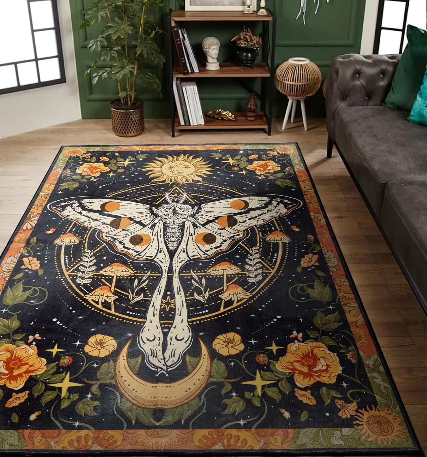 Bungalow Rose Boho Moody Black Floral Aesthetic Bedroom Rugs Vintage ...