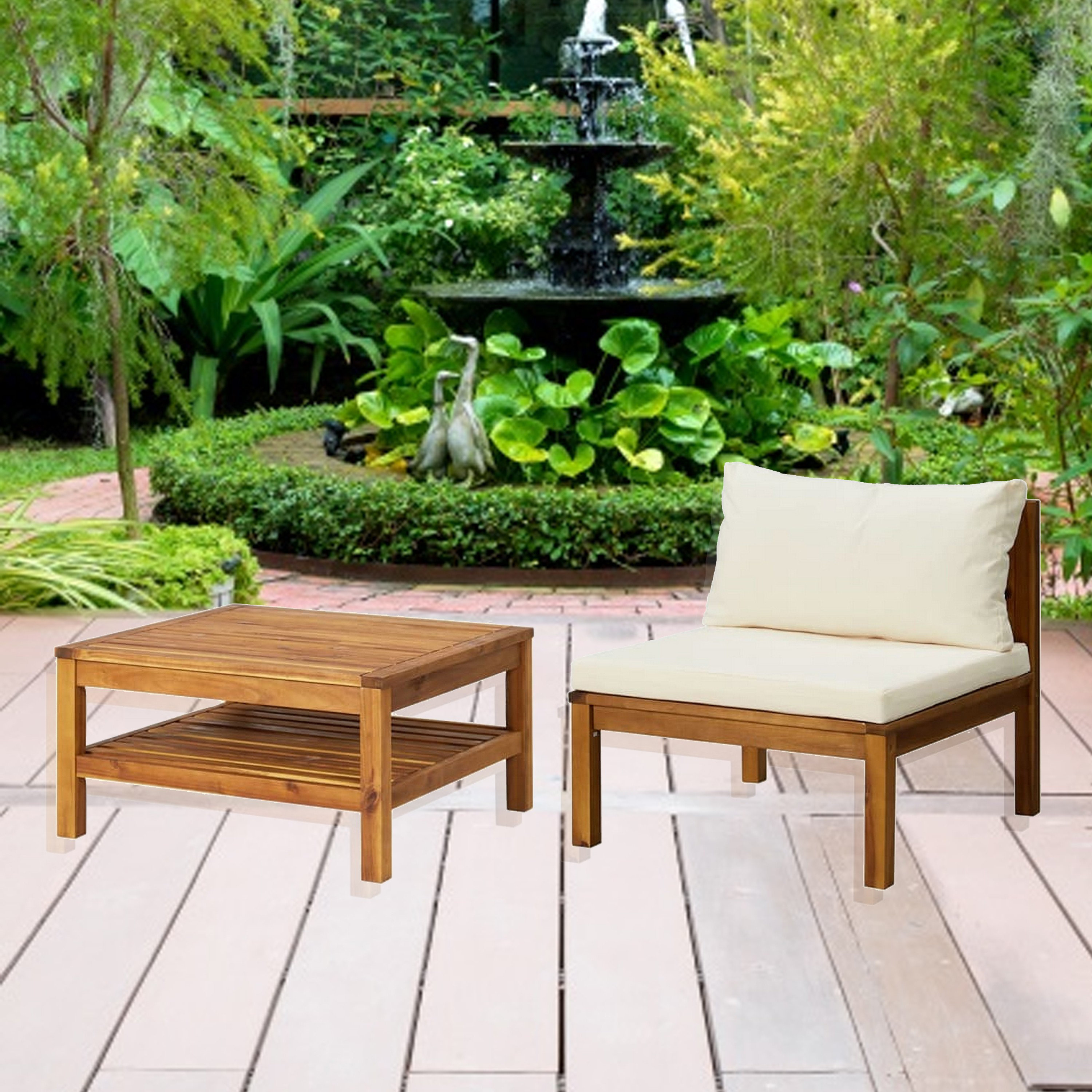 Benjara 2Pc Outdoor Patio Sofa And Table Set, Ivory Cushion, Brown ...