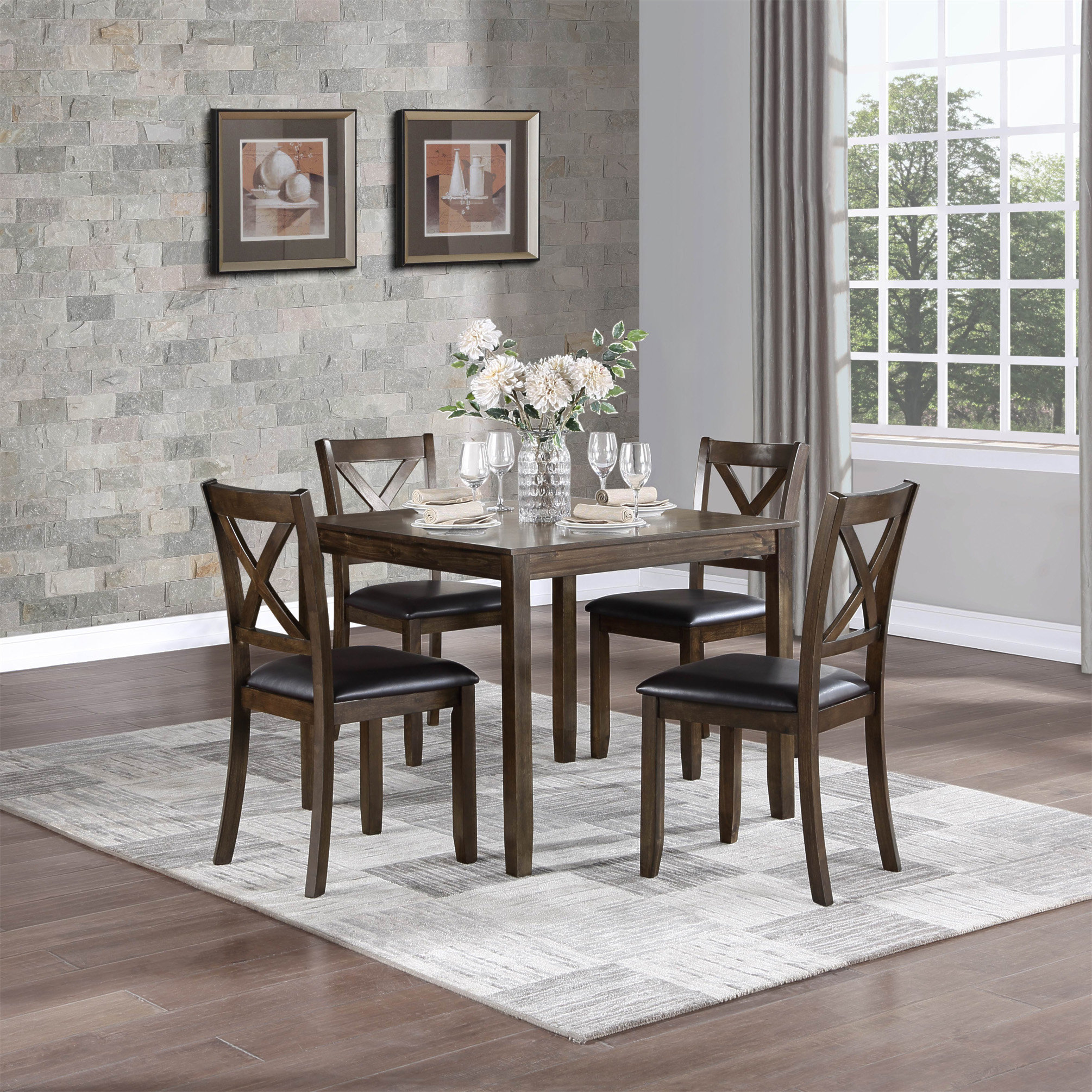 Gracie Oaks Transitional Style 5Pc Dinette Set Charcoal Brown Finish Dining Room Table And 4 ...