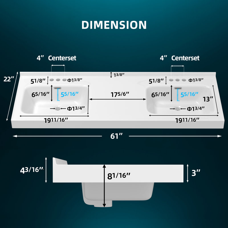 ZEAFIVE Solid Surface 61" Double Bathroom Vanity Top In White Bathroom ...