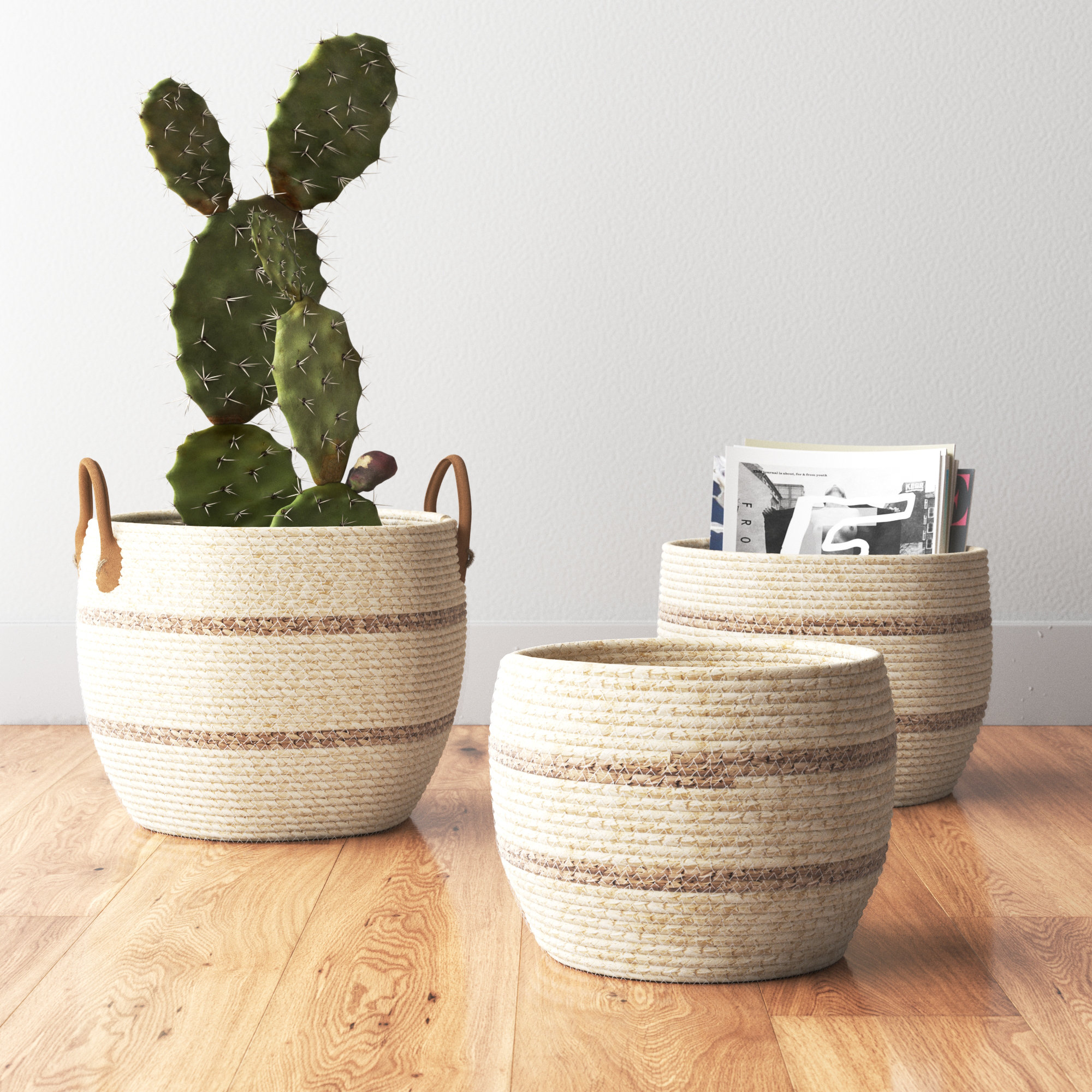 AllModern Avani Round Maize Baskets with Leather Handle, Beige and ...
