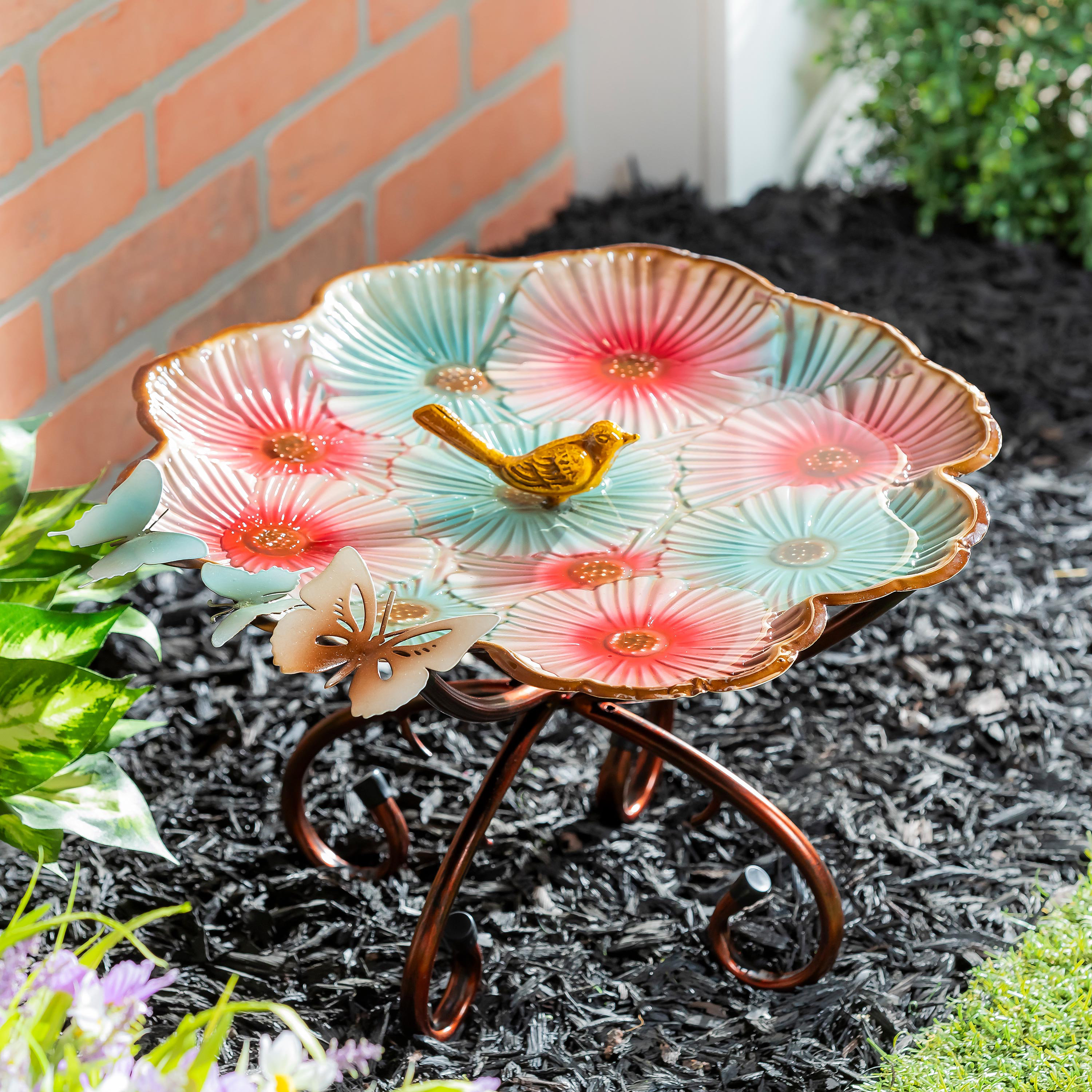 Arlmont & Co. 17" Metal Sculpted Edge Bird Bath, Butterfly & Flowers ...