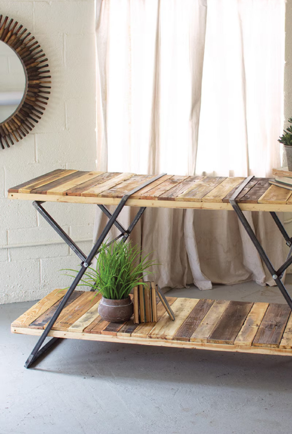 17 Stories Reclaimed Wood Two-Tiered Display Table With Folding Iron ...