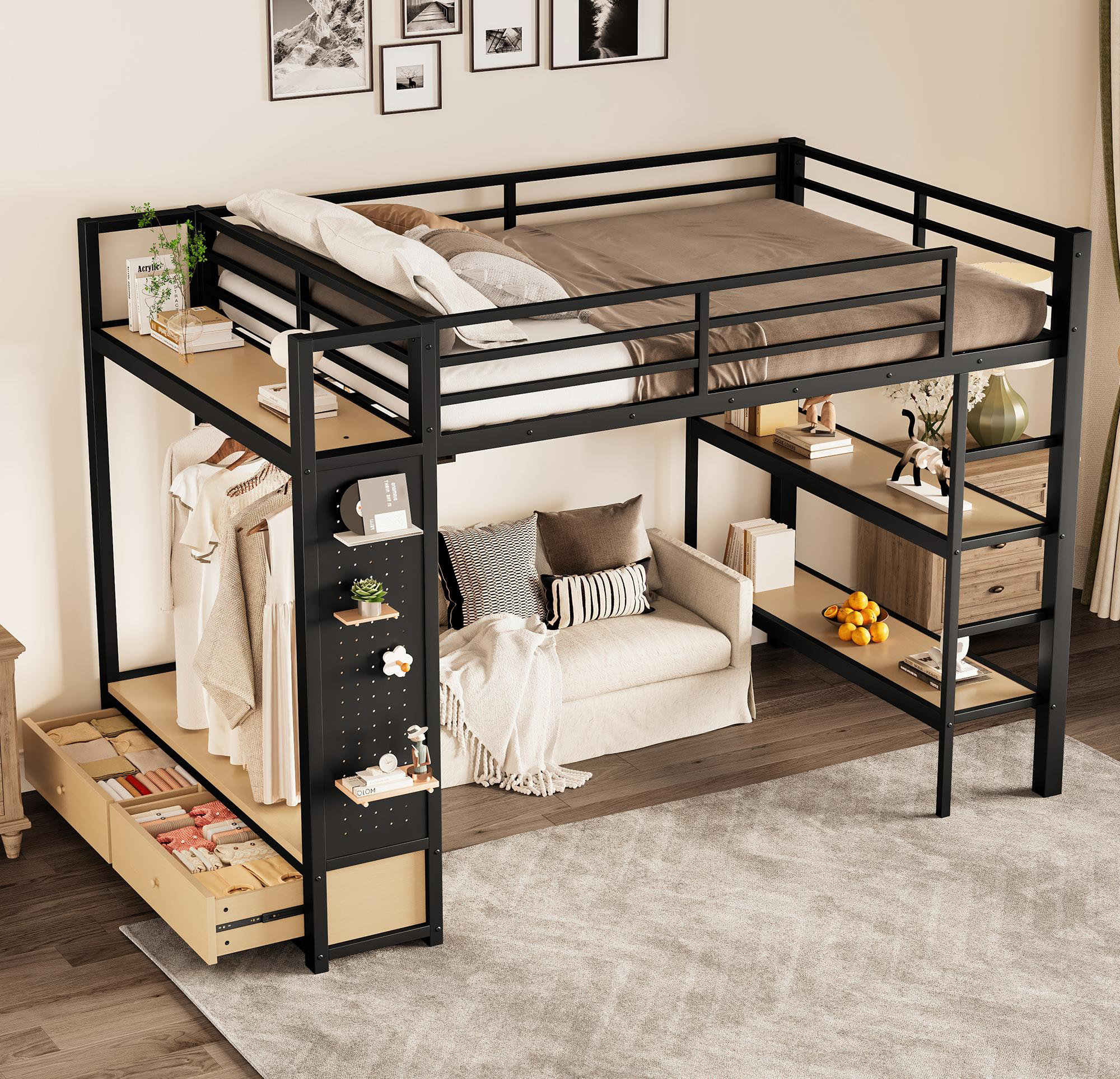 Ivy Bronx Full size Loft Bed Frame with Wardrobe,Metal Loft Bed with Storage Shelves and ...